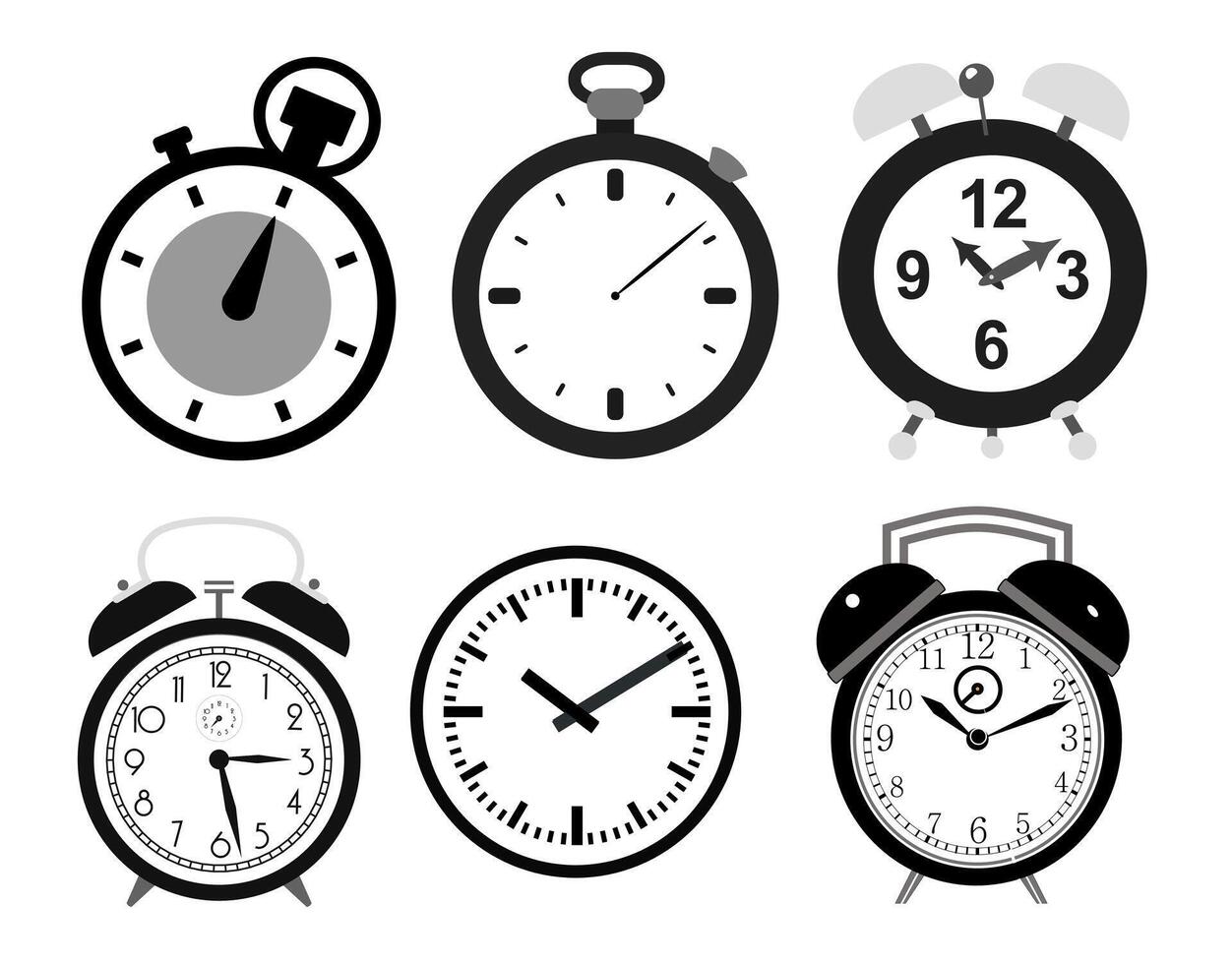Set Collections Of Clock Stopwatch And Timers Black White Clock Timers Illustration Vector