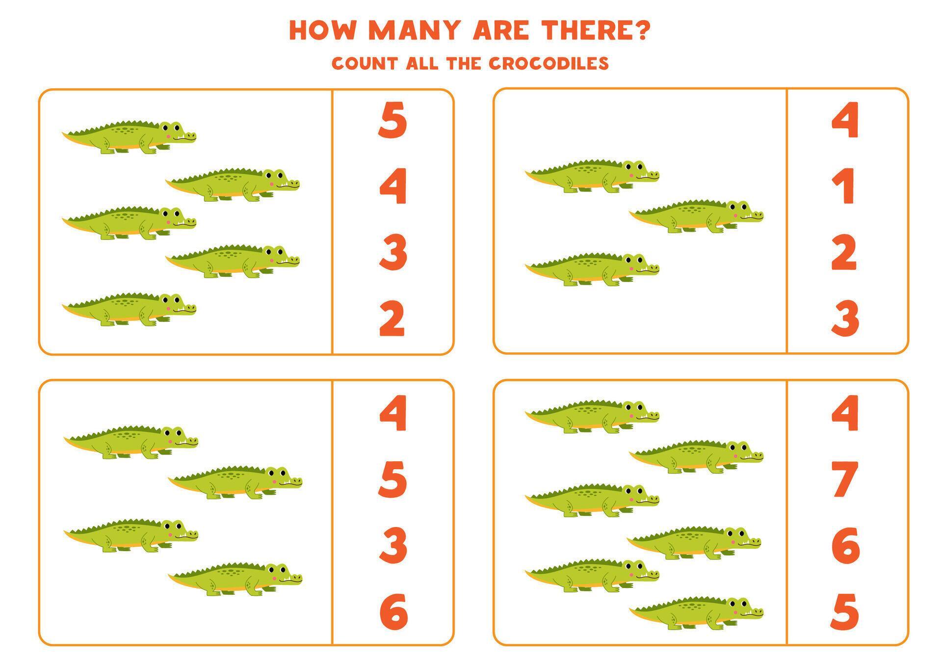 Counting game with cartoon green crocodiles. Educational worksheet ...