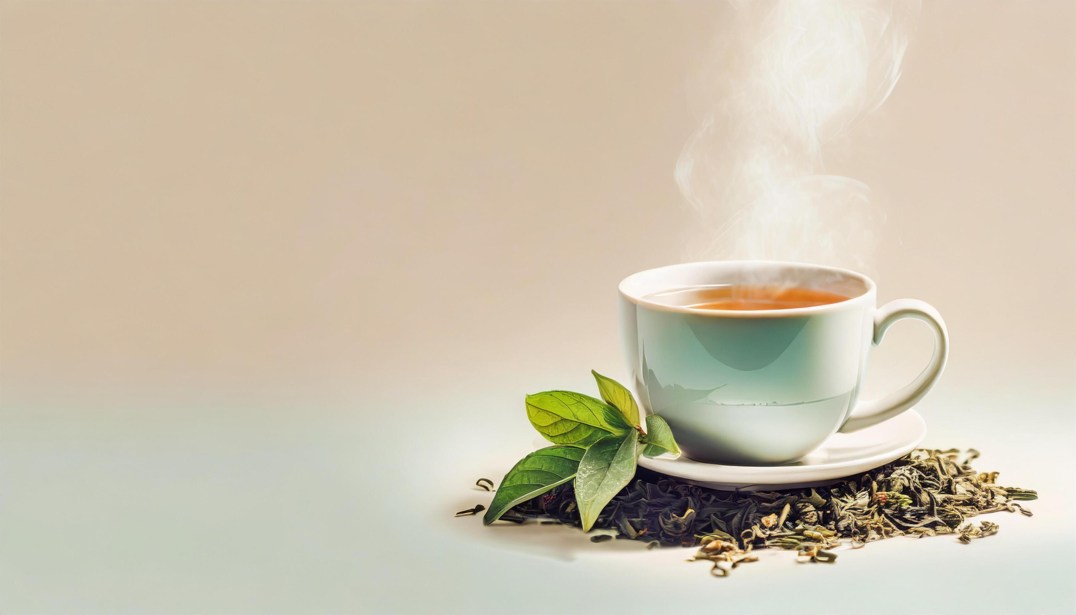 AI generated Cup of tea with green tea leaves and steam on a light background 37313768 Stock ...