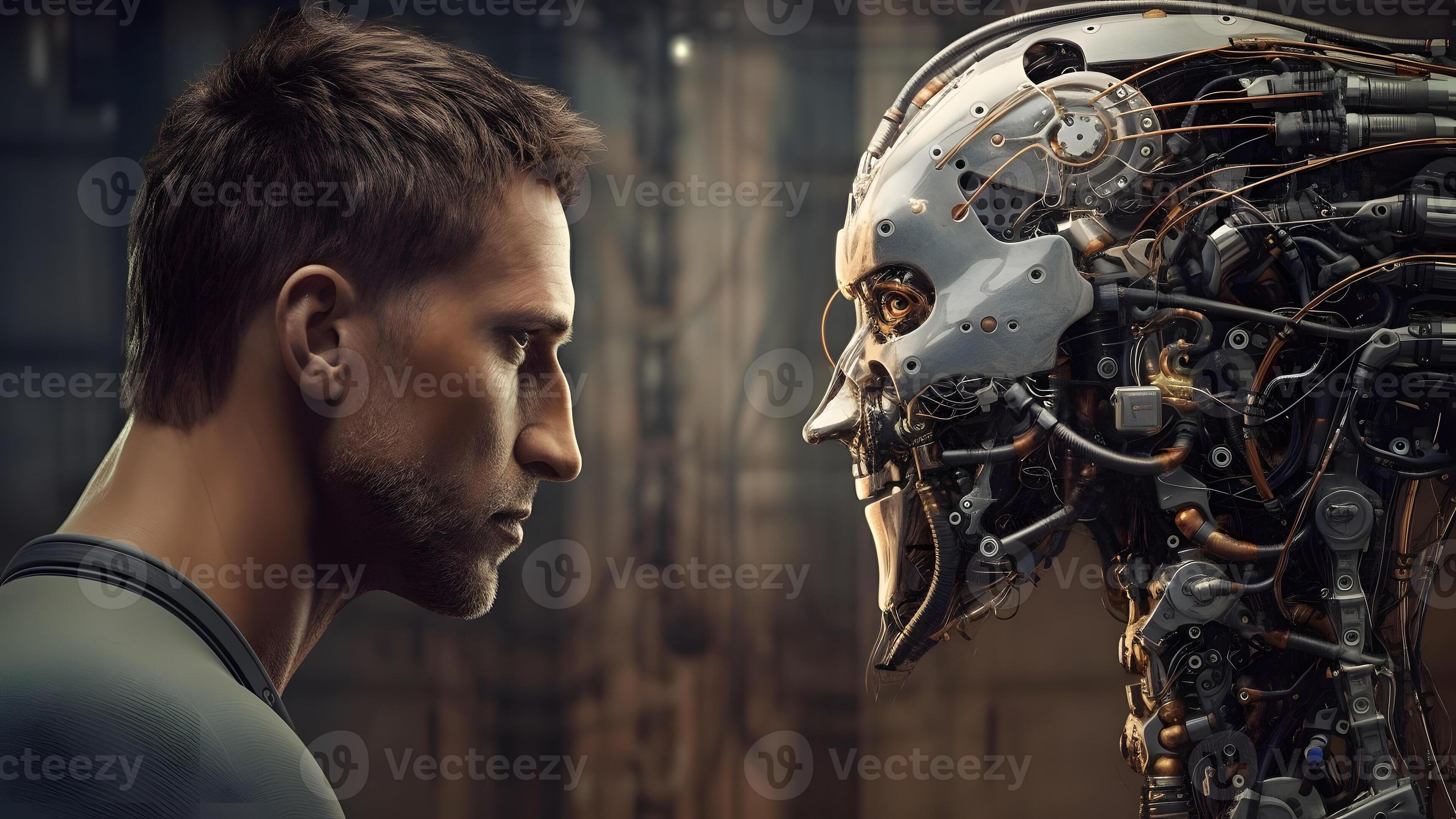 AI generated caucasian man versus robot are sitting at the table ...