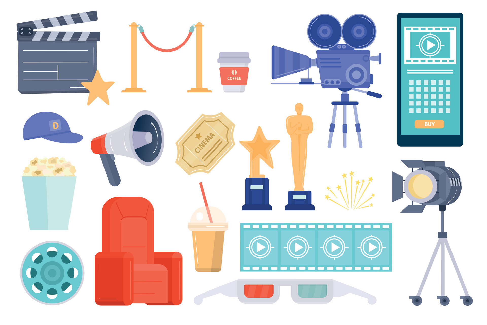 Flat cinema and movie theater items, popcorn, awards and tickets ...