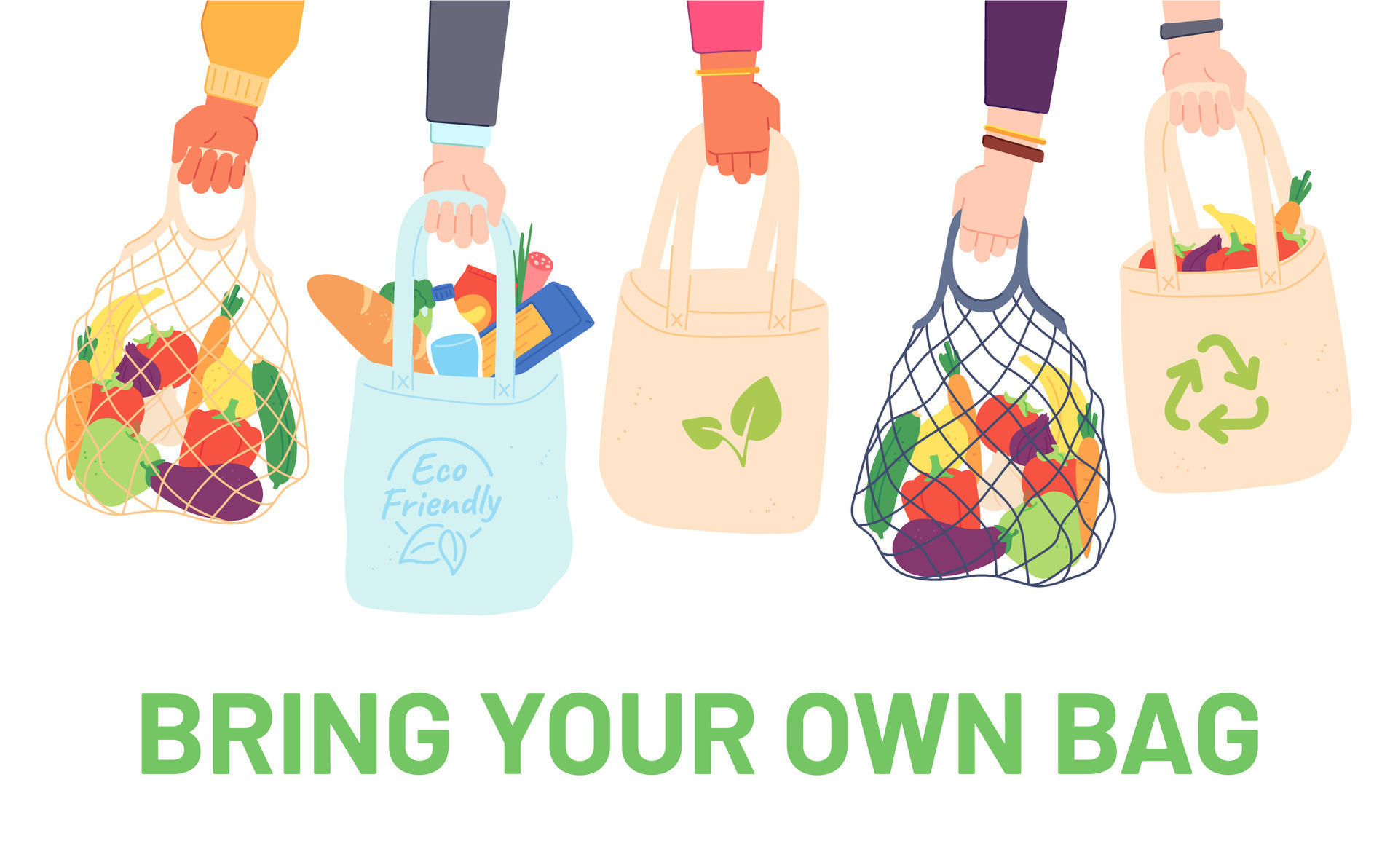 Manos Sostener Eco Bolsas Personas Traer Propio Bolso Para Tienda De Comestibles Reutilizable