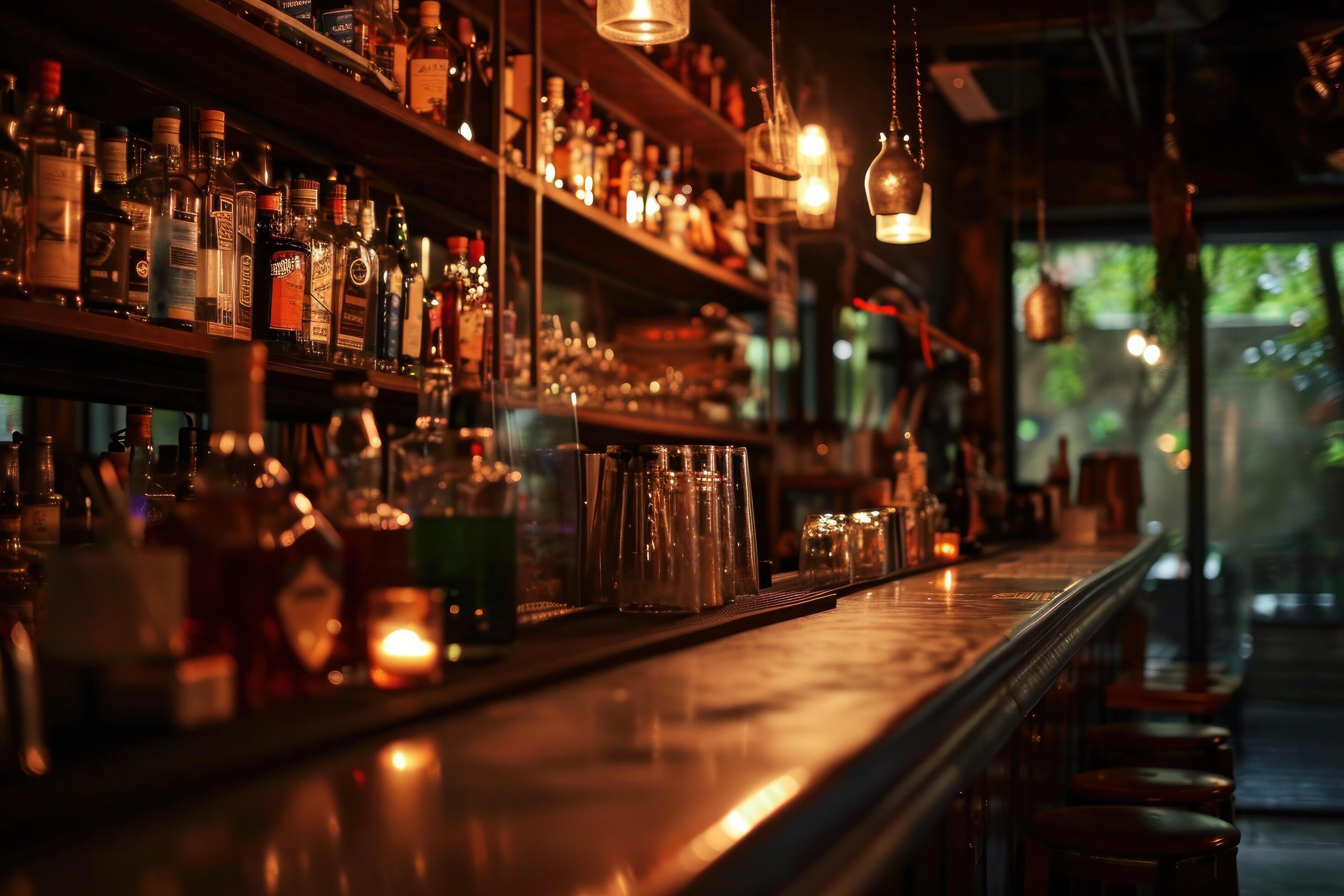AI generated bar counter with liquor bottles hanging from the ceiling 37334229 Stock Photo at ...