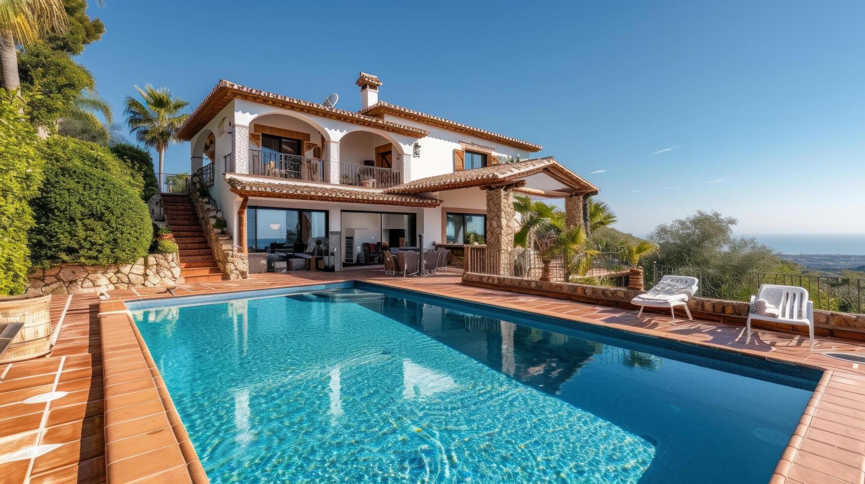 AI generated Beautiful Spanish villa with pool and views of the Mediterranean Sea 37337898 Stock ...