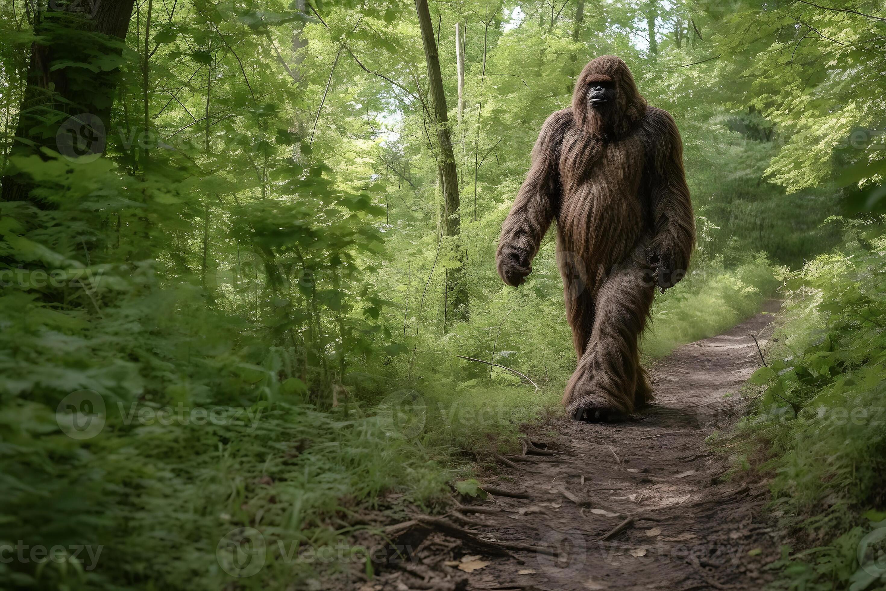 AI generated bigfoot in the woods walking at day time, neural network generated photorealistic ...