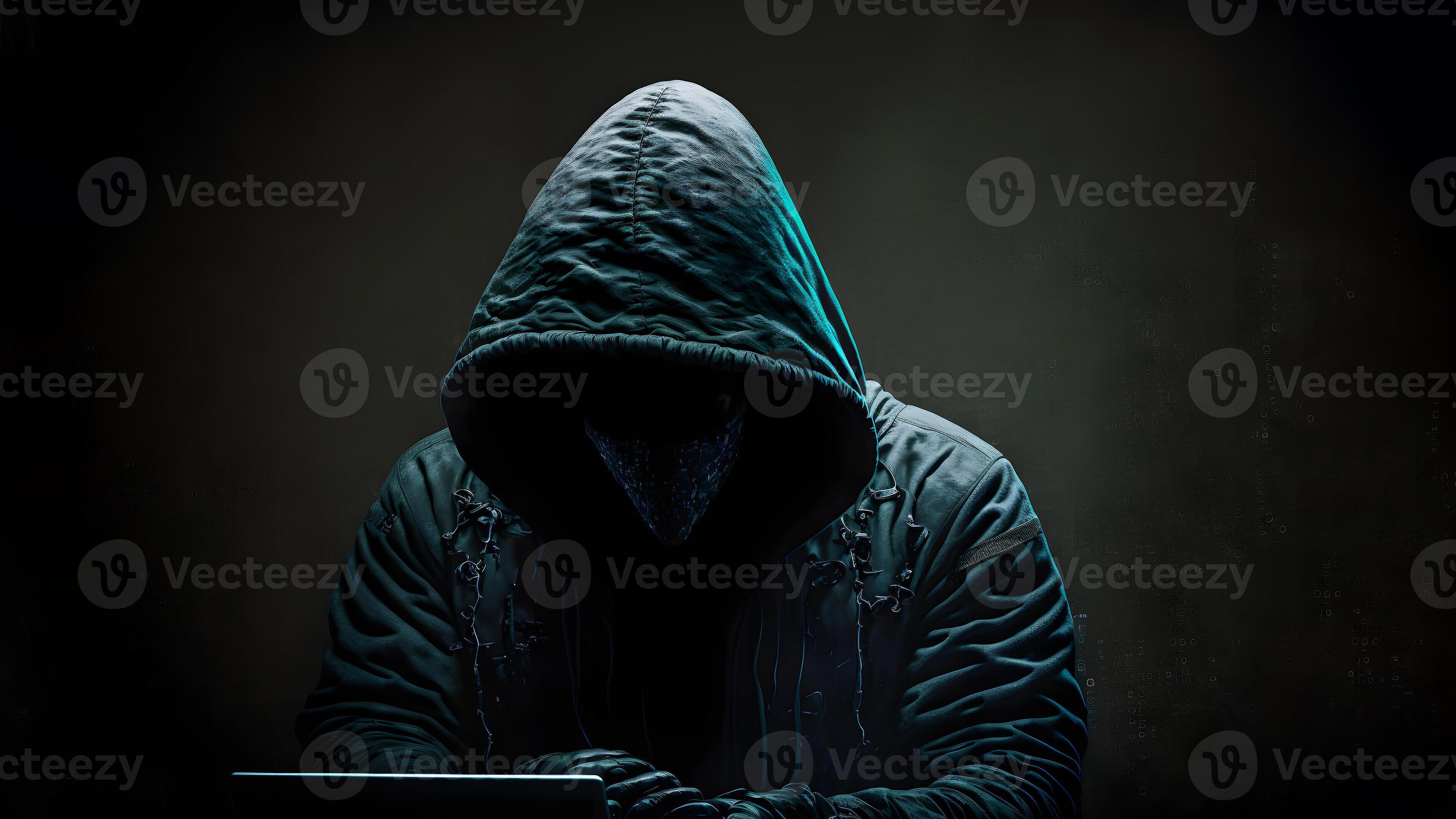 AI generated evil hacker in black hood and mask on dark background ...