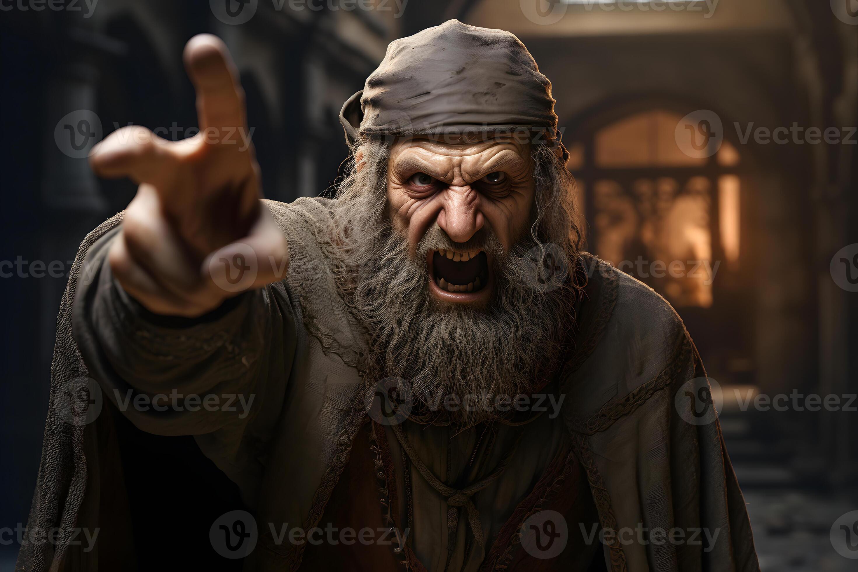 AI generated evil Medieval man on street points two fingers at viewer ...
