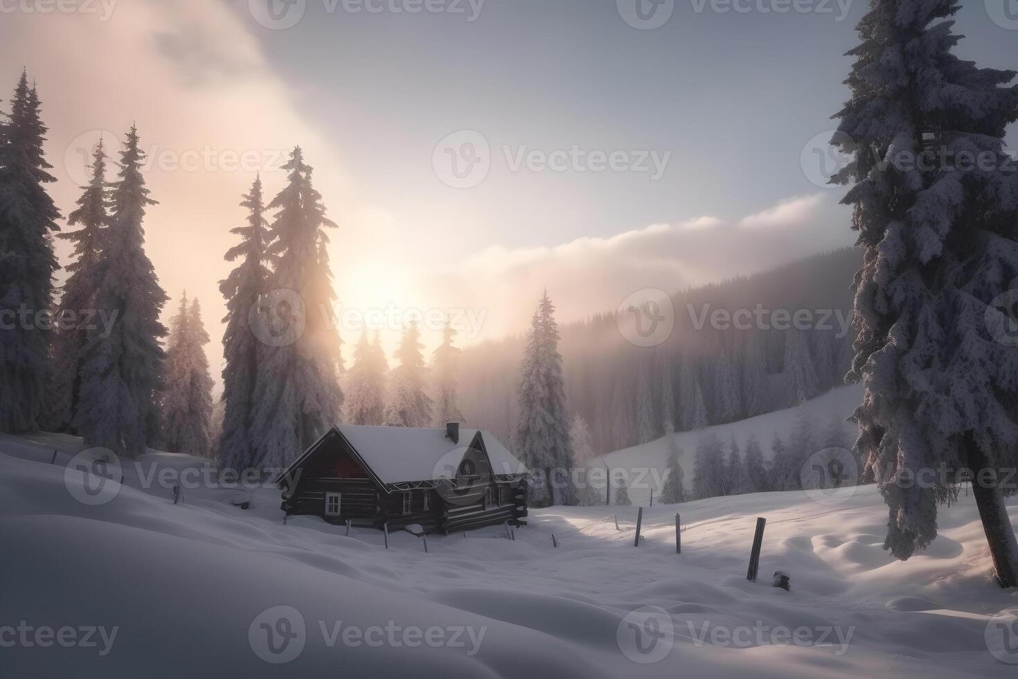AI generated snow covered wooden house in mountains at winter sunrise ...