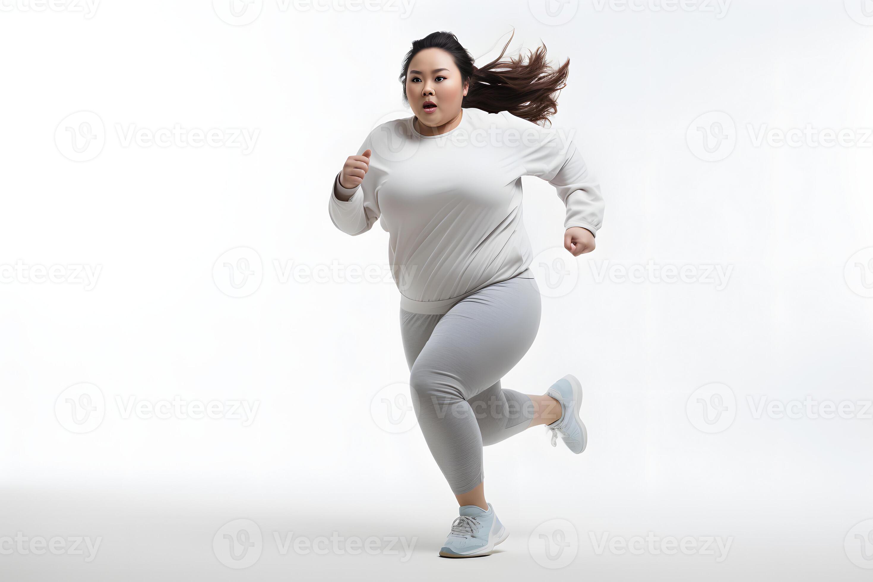 AI generated Overweight Asian woman running on white background, concept of overweight and ...