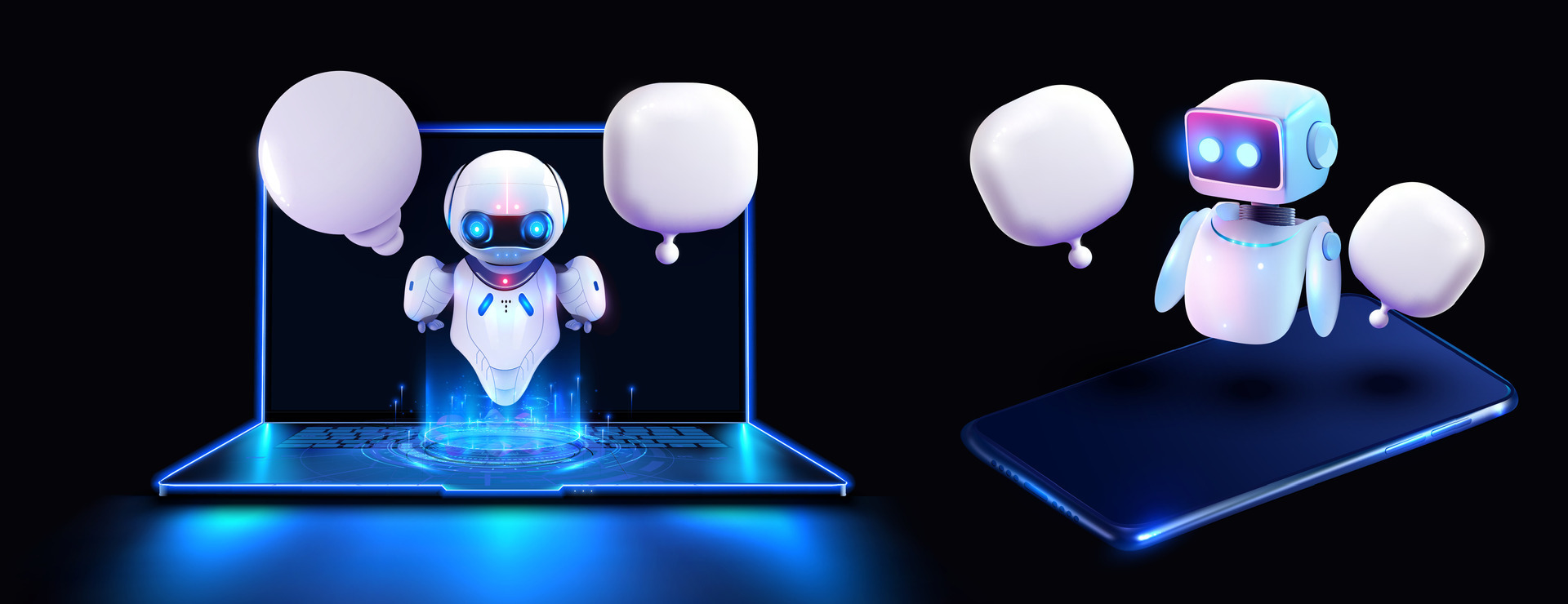 Digital Communication Concept With Robots And Devices Ai Robot With Speech Bubbles On