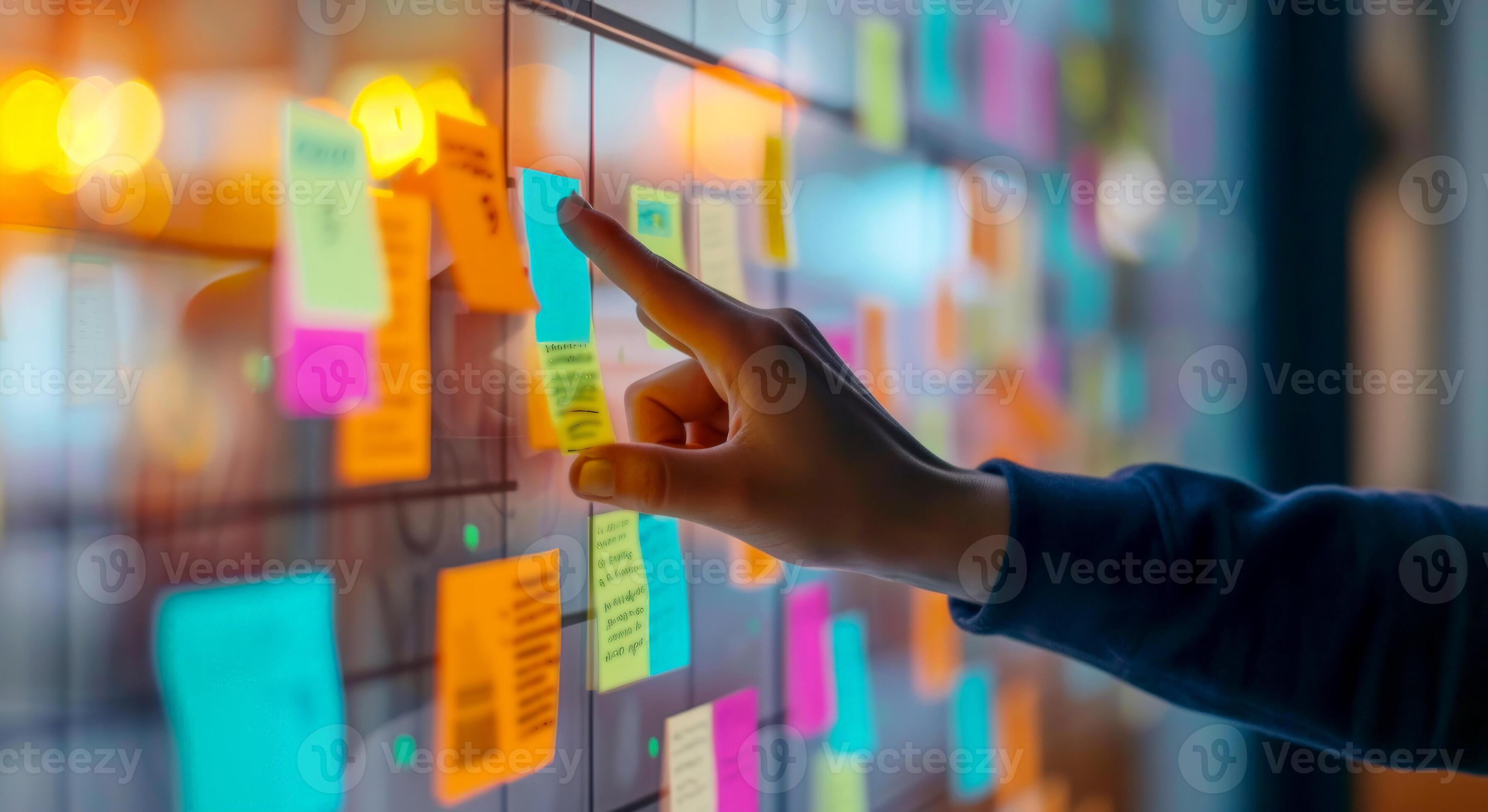 AI generated Agile software development scrum methodology boards. workflow, Finger touching ...