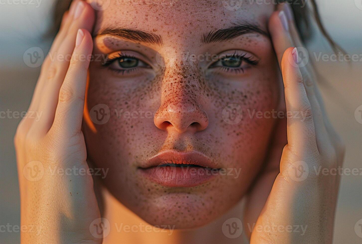 AI generated Close-up portrait of a beautiful girl with freckles on her ...