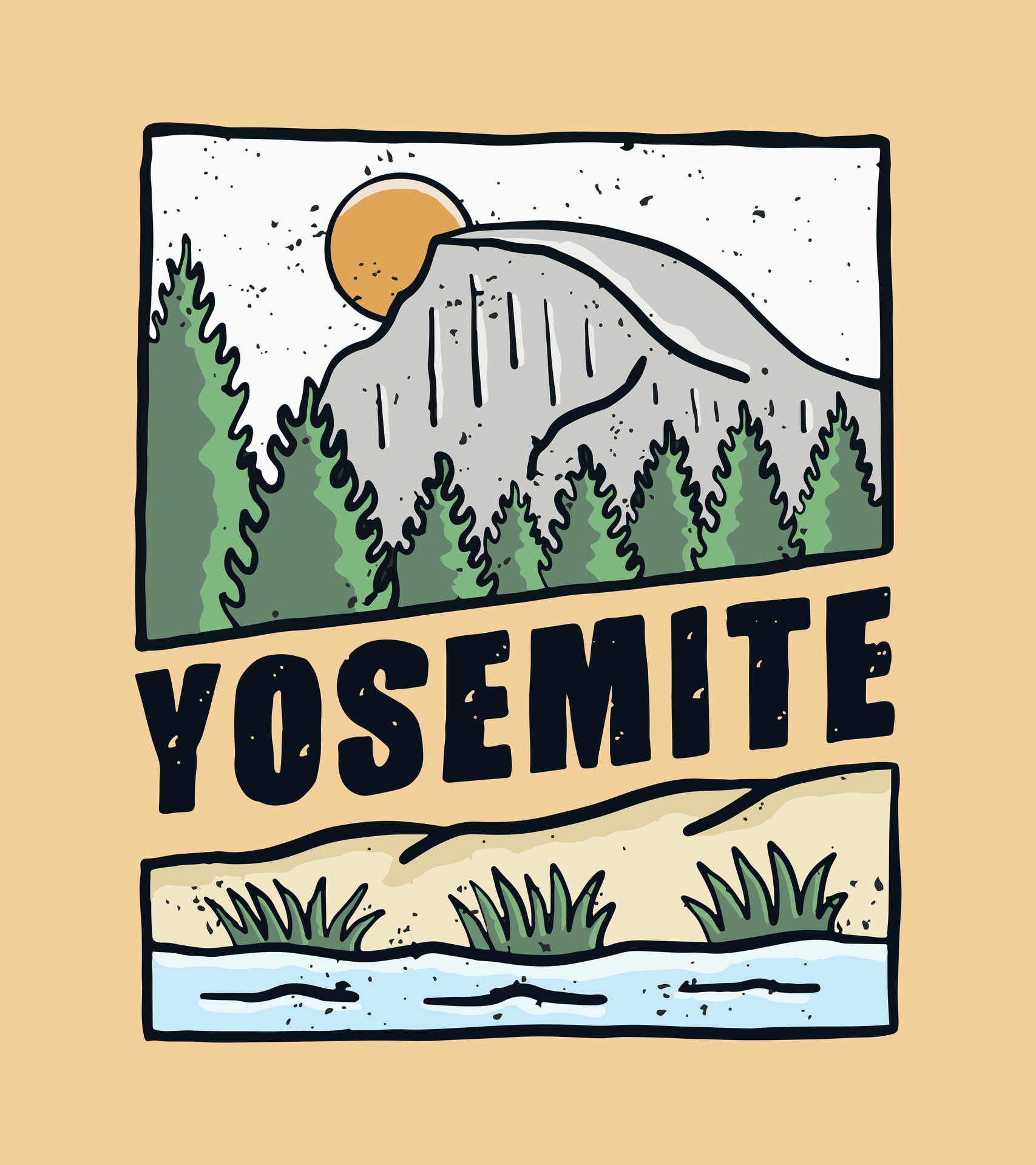 Yosemite Half Dome Vector Hand Drawing For T Shirt Badge Sticker