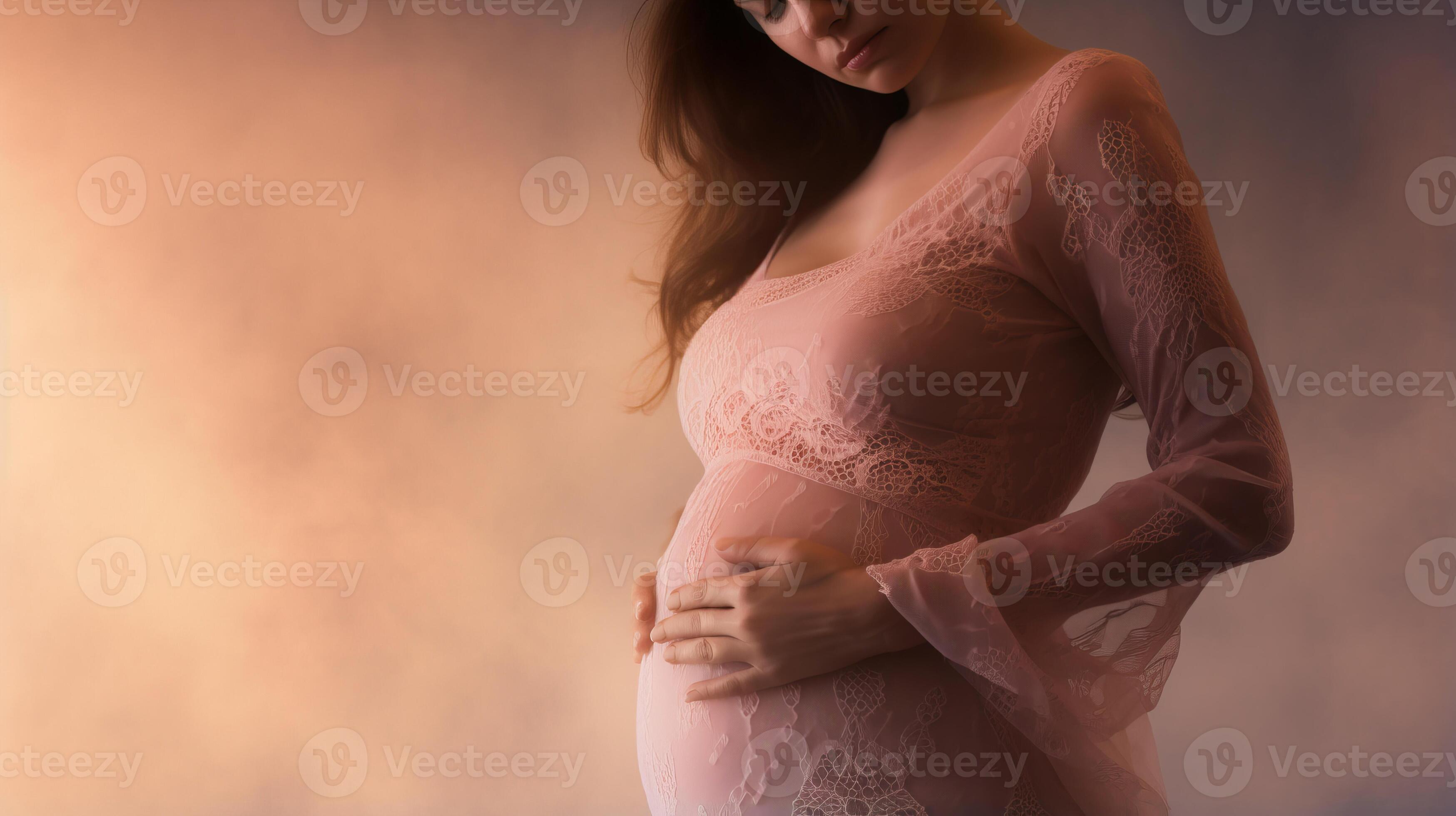 AI generated Close up view to woman hands gently cradling her pregnant belly amidst misty fog ...