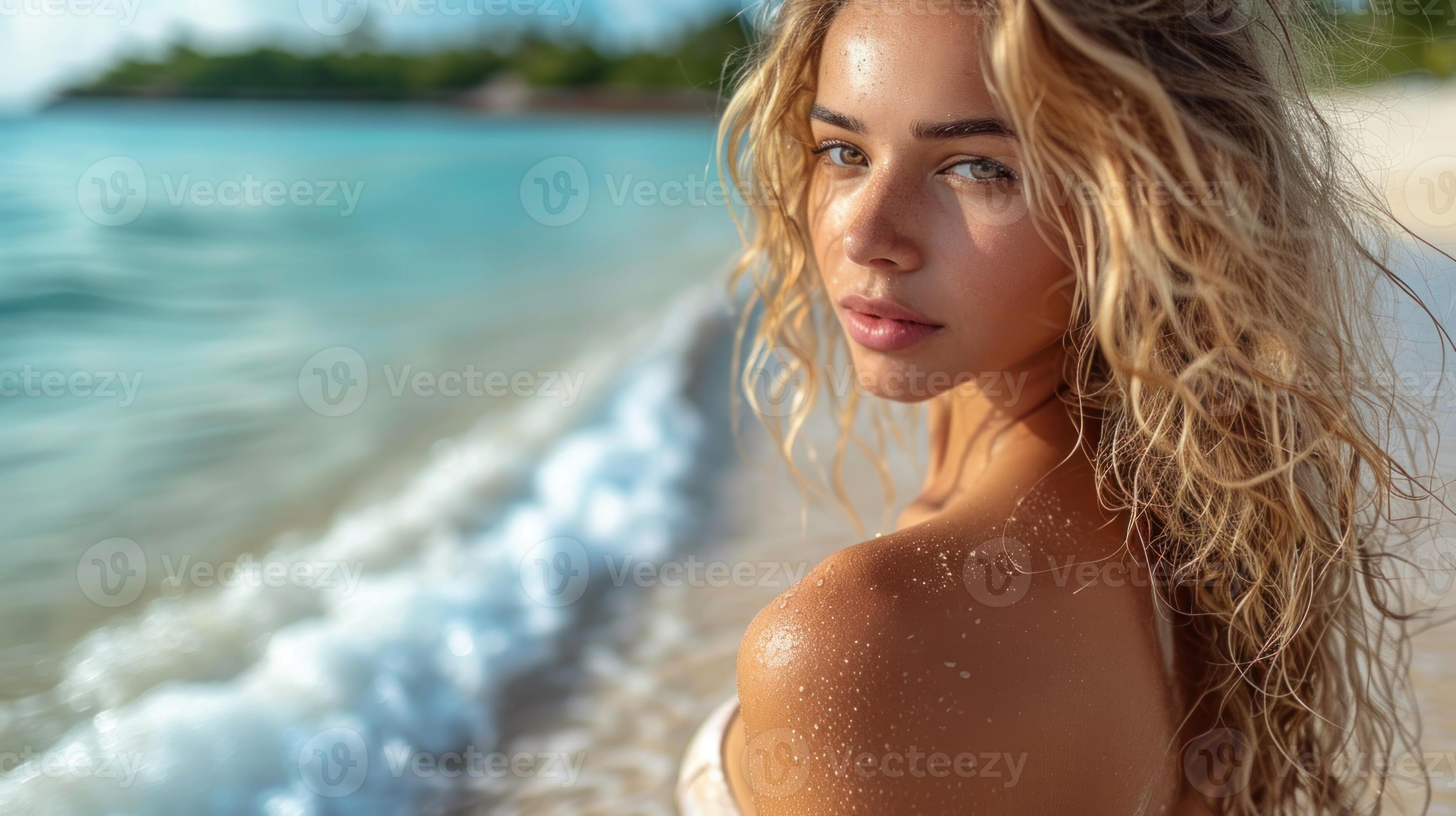 AI generated Beautiful girl in white bikini on the beach. Close-up portrait 37401052 Stock Photo ...
