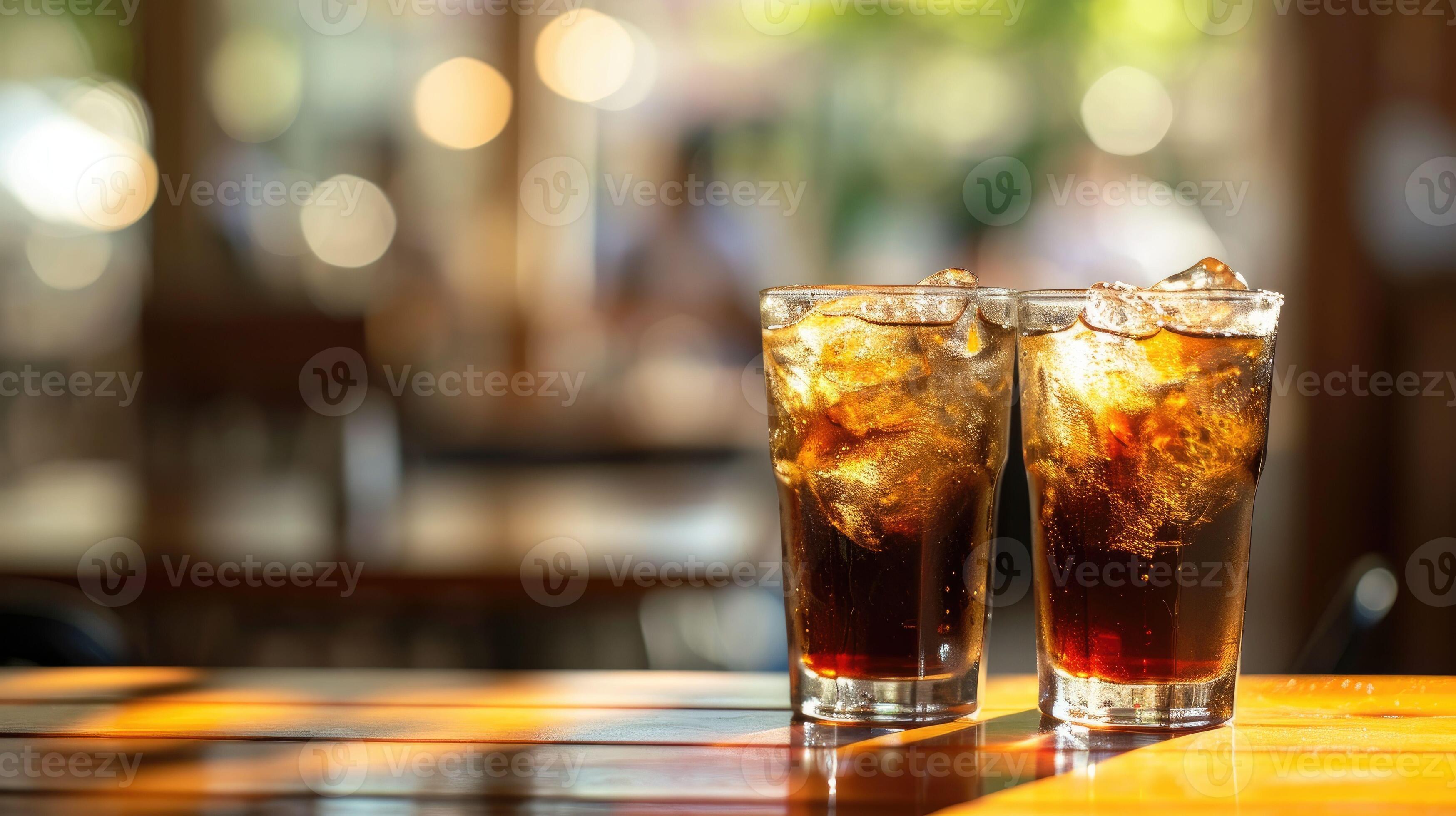 AI generated Blurred Details - Two Glasses of Cola on a Wooden Table, Capturing the Essence of ...