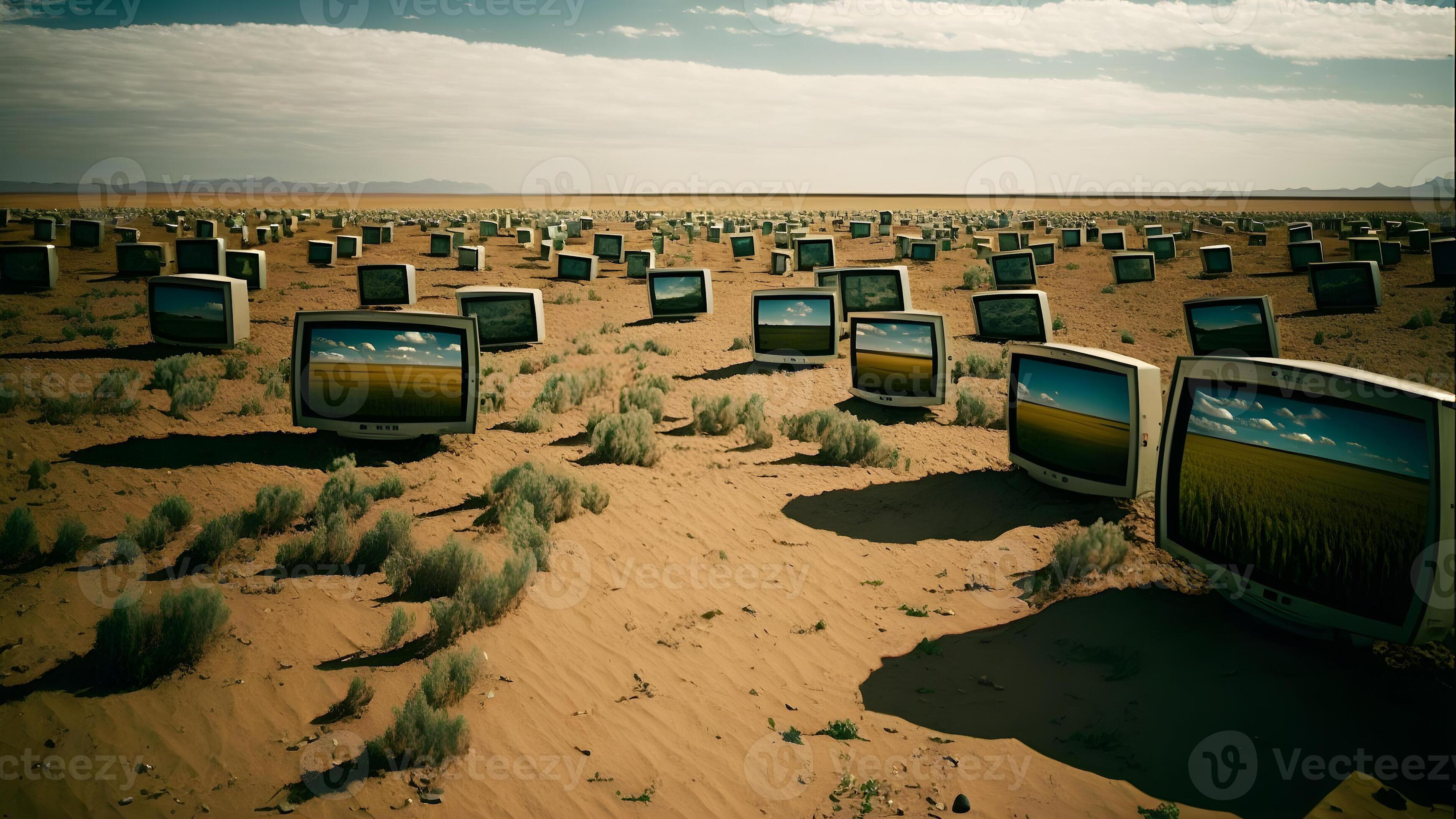 Ai Generated Desert Covered With Old Analog Tv Sets At Summer Daylight
