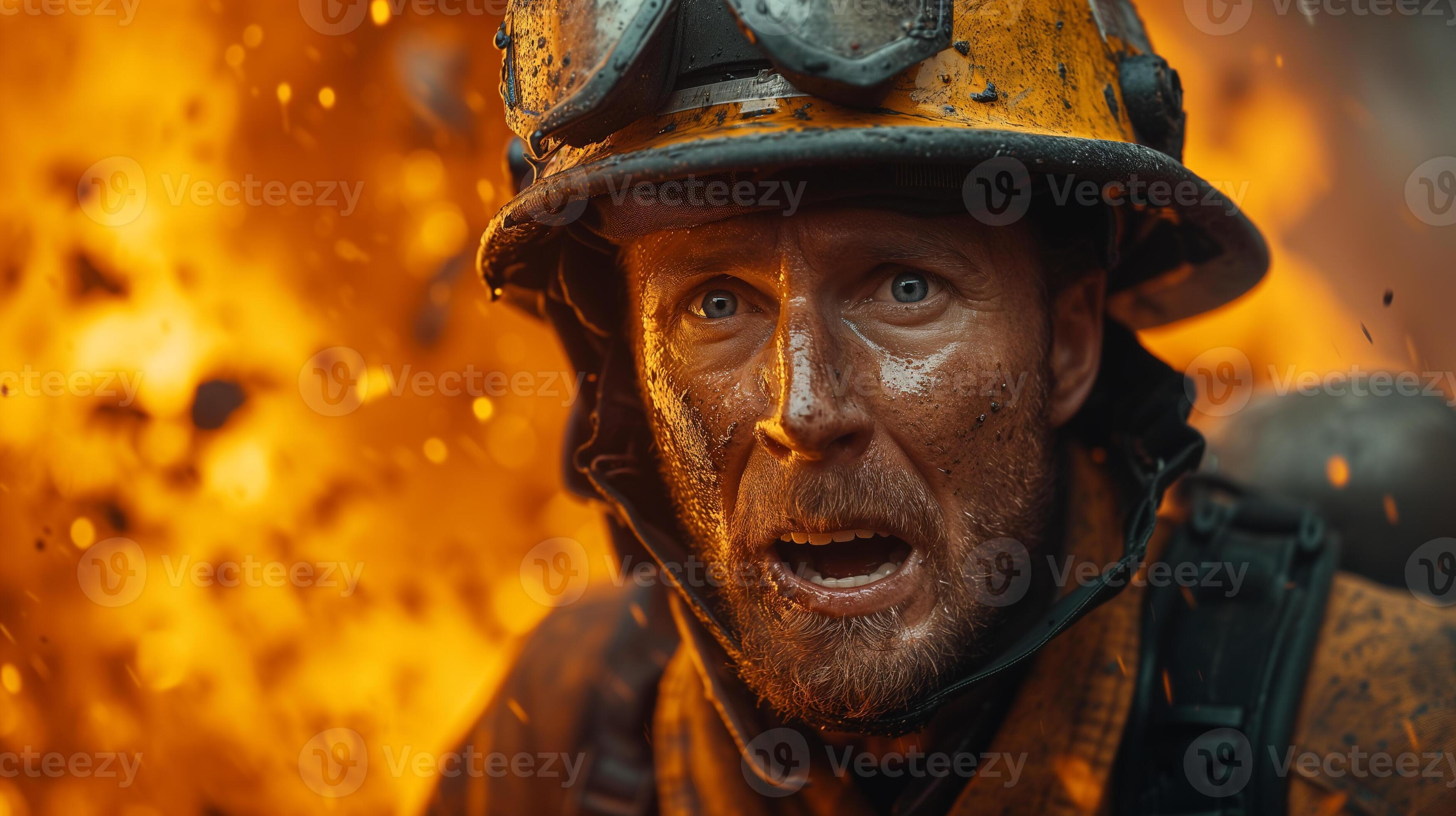 AI generated A close-up photograph of a fireman yelling, face contorted ...