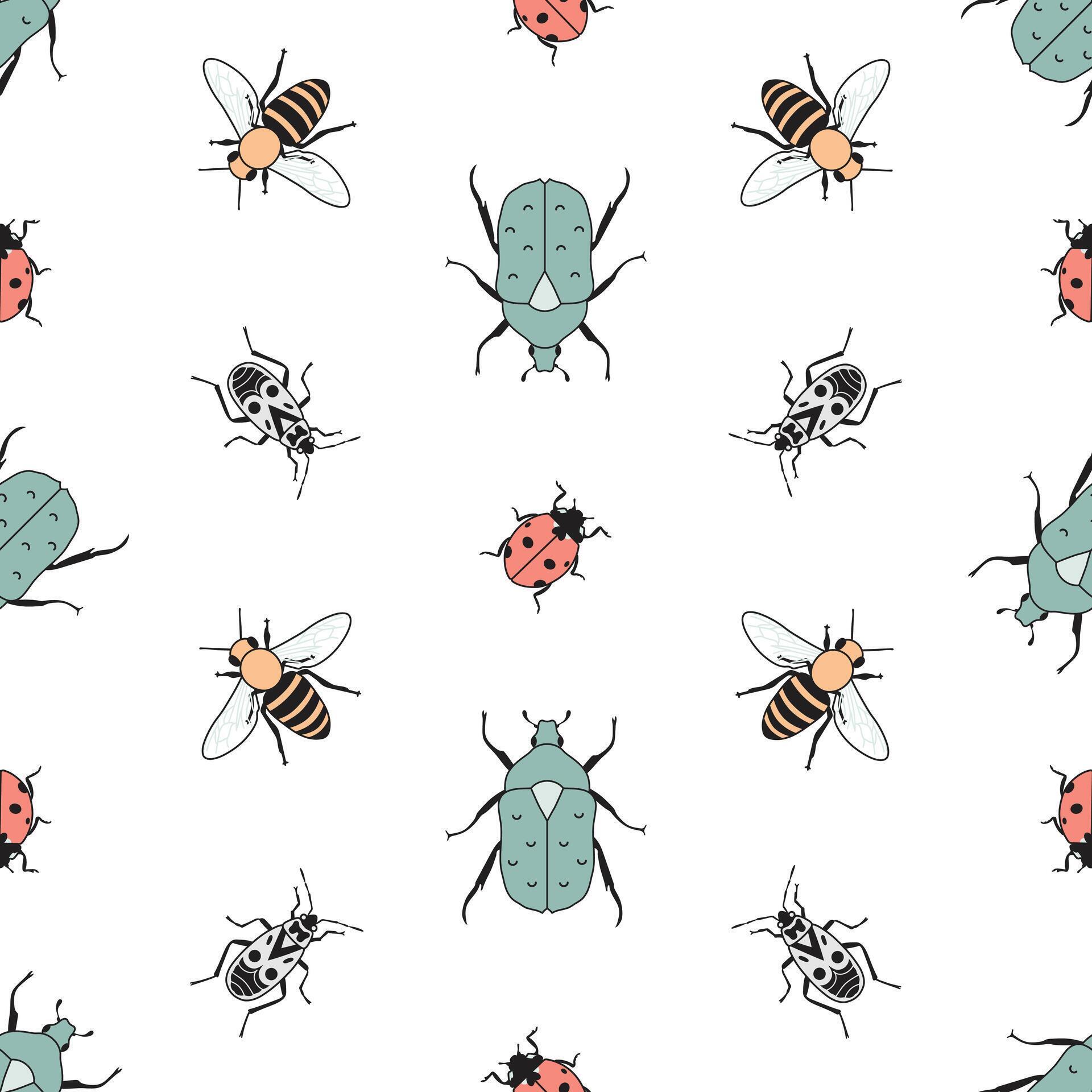 Seamless pattern with various bugs. Firebug, ant, flower chafer, honey ...