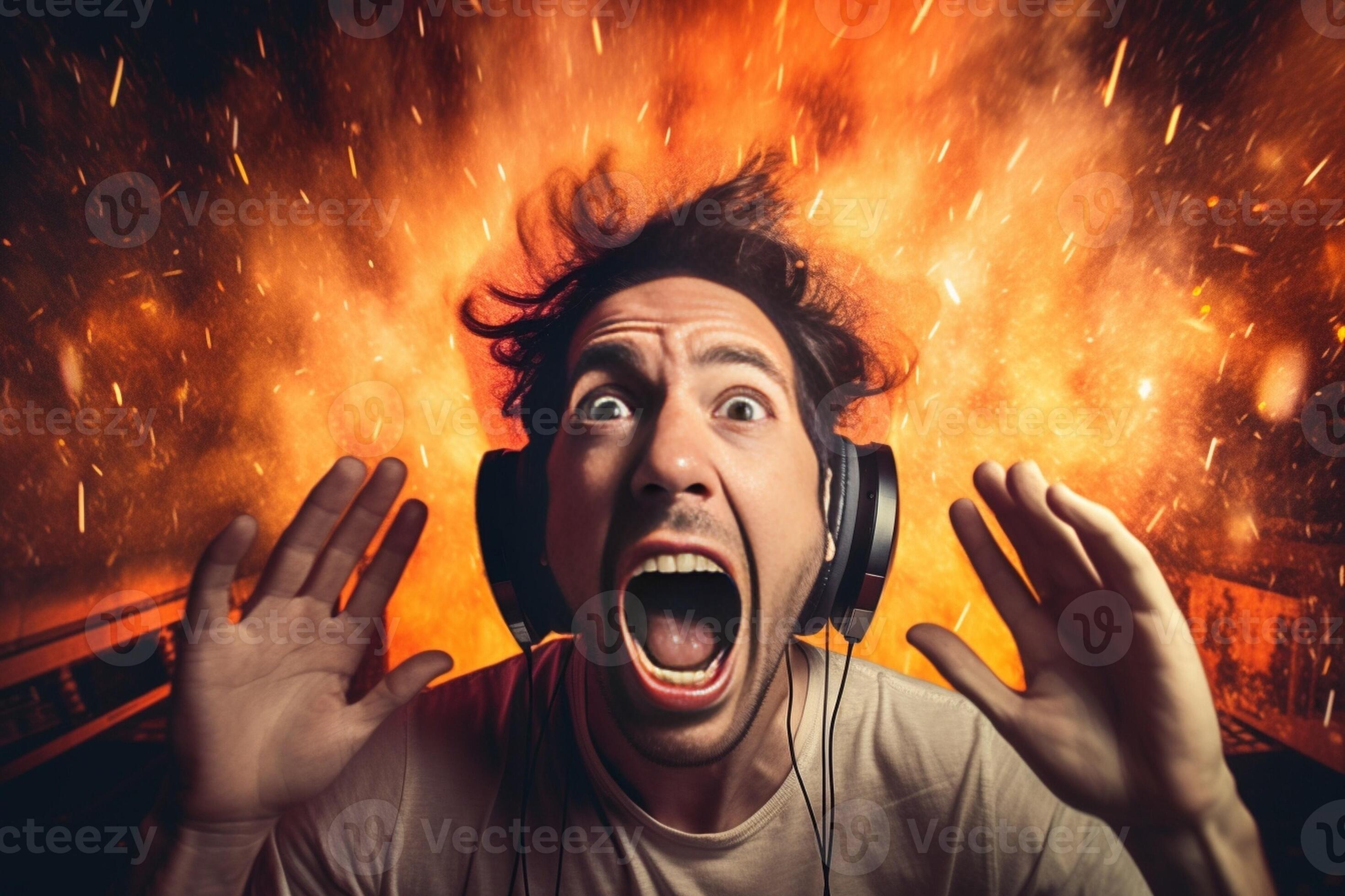 AI Generative Man scream while listening music with his headphones people and technology concept ...