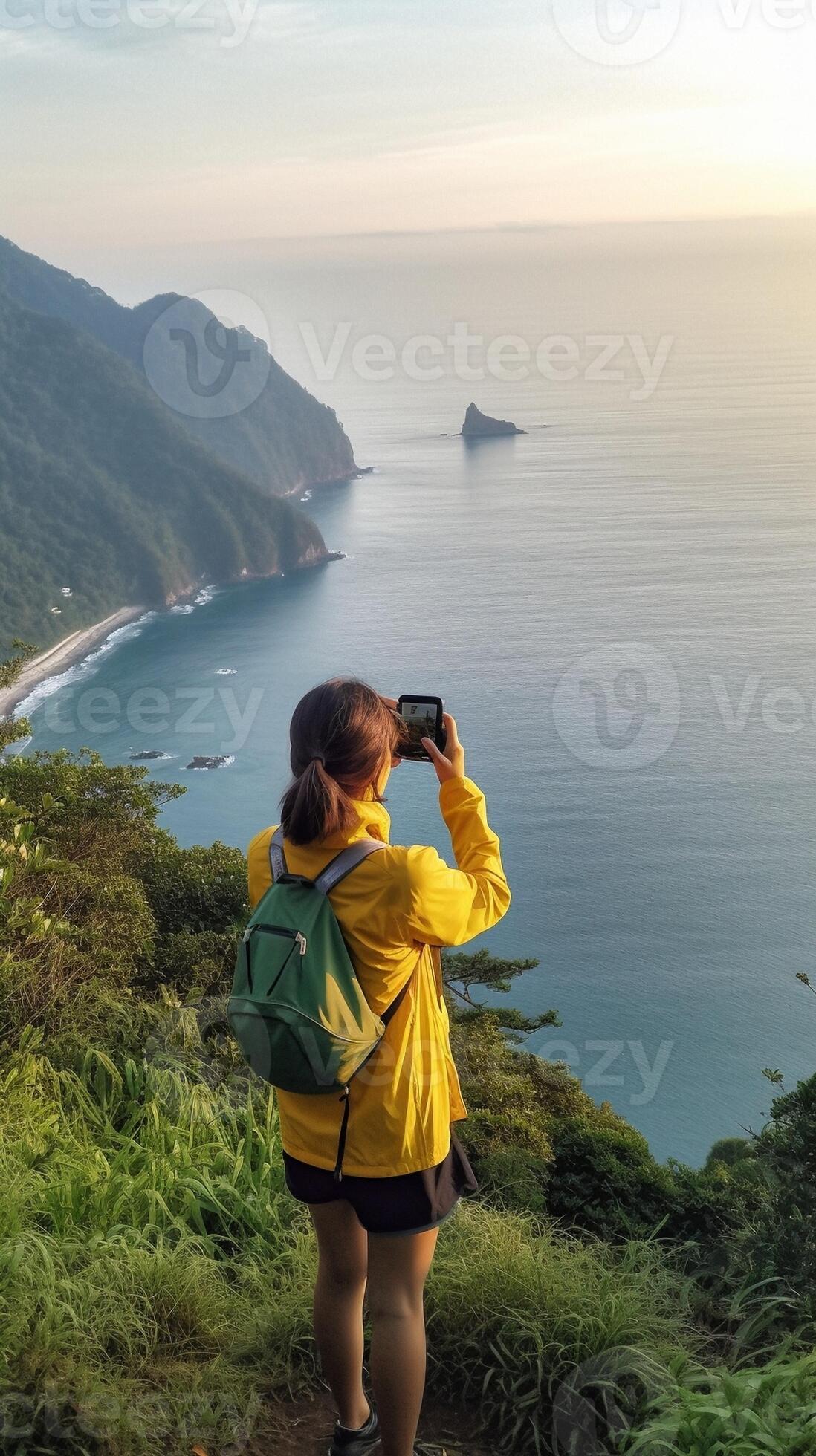 AI Generative Traveller backpacker girl on the top of the mountain looking at the ocean 37453715 ...