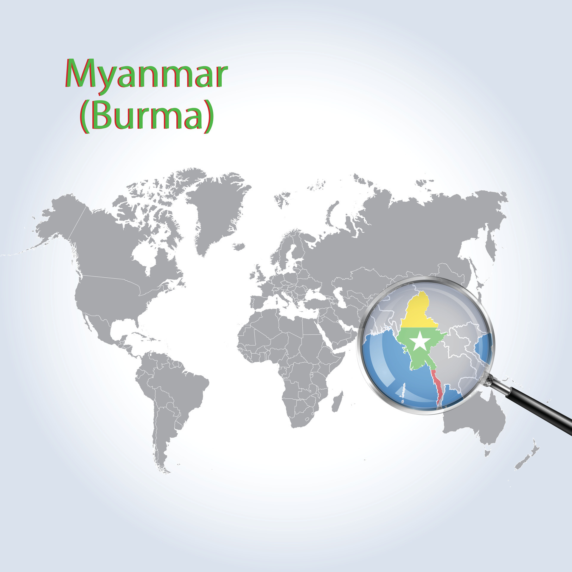 A Magnifying Glass on Myanmar Burma of the World Map, Zoom Myanmar Burma map with gradient ...