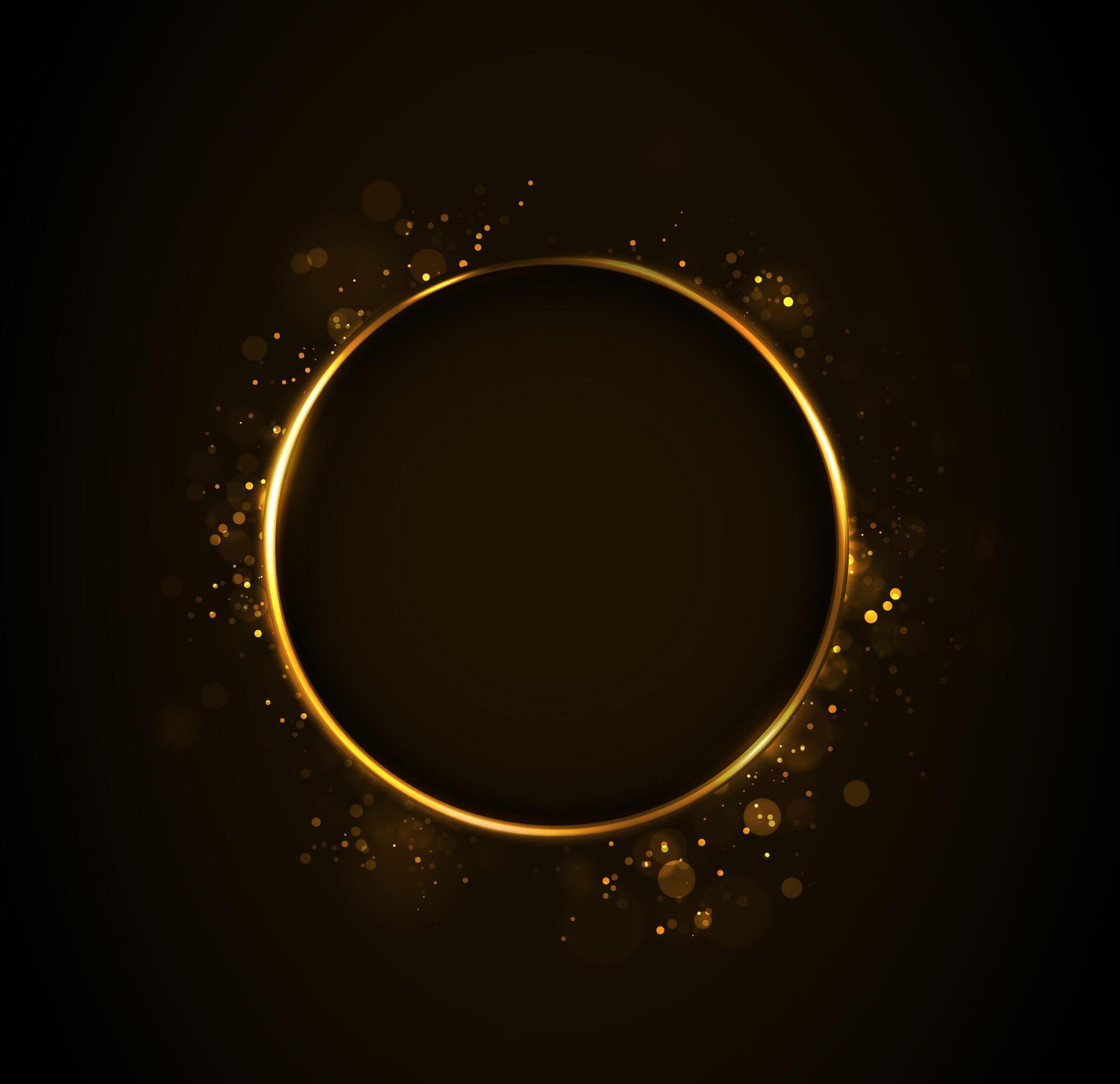 Vector abstract glowing gold circle with sparkles. Abstract round golden light frame on dark ...