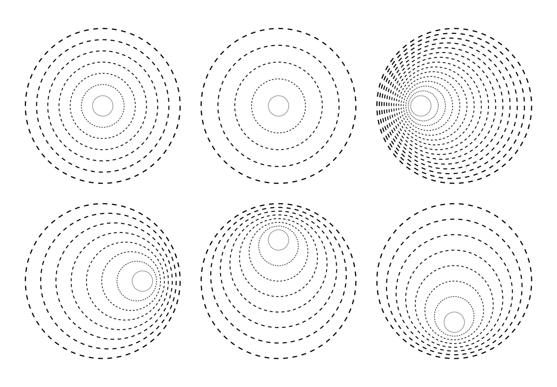 PrintCircles dotted lines, Converging circular rings of dashed line ...