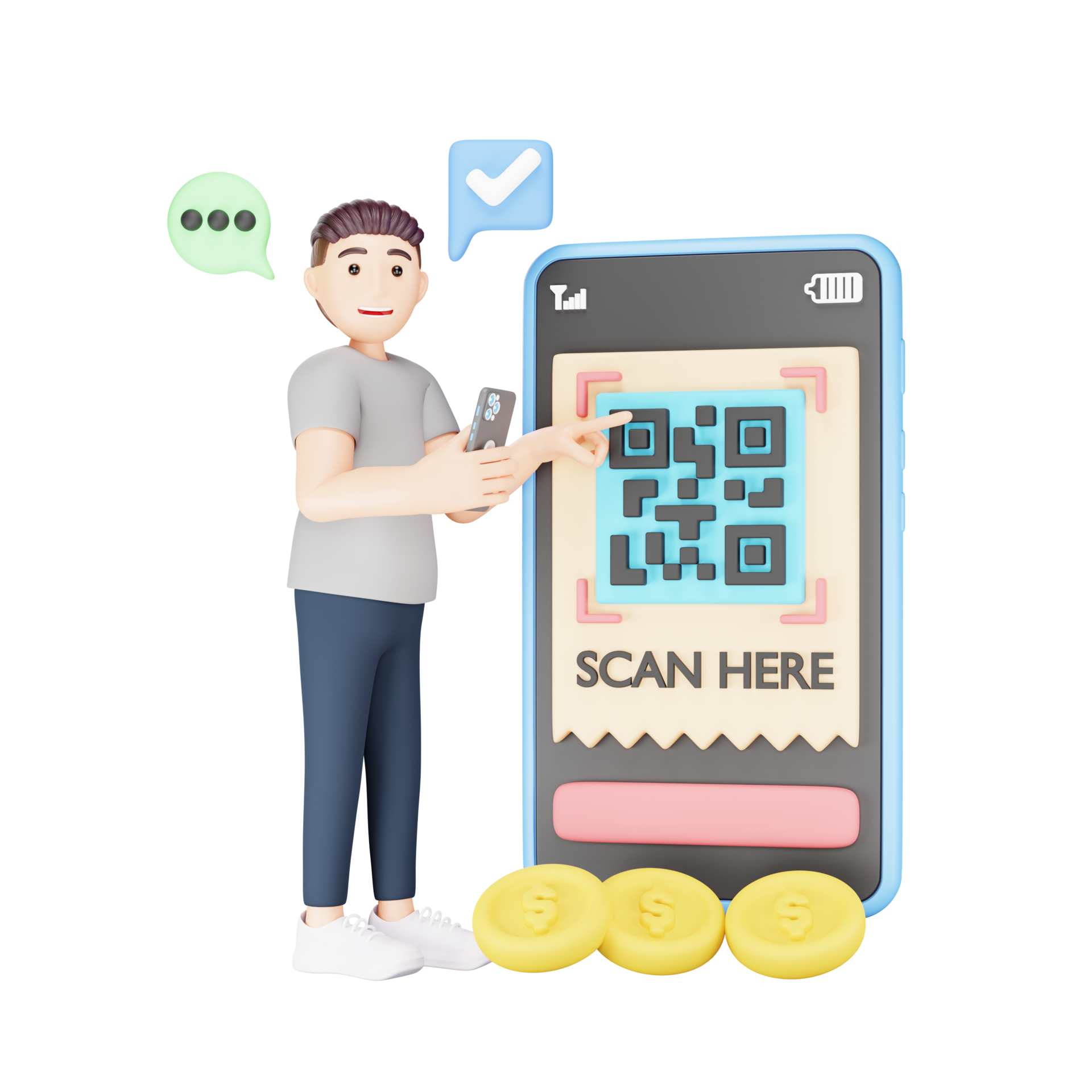 Digital Illustration Of 3d Character Scanning Qr Code On Smartphone 37470034 Png