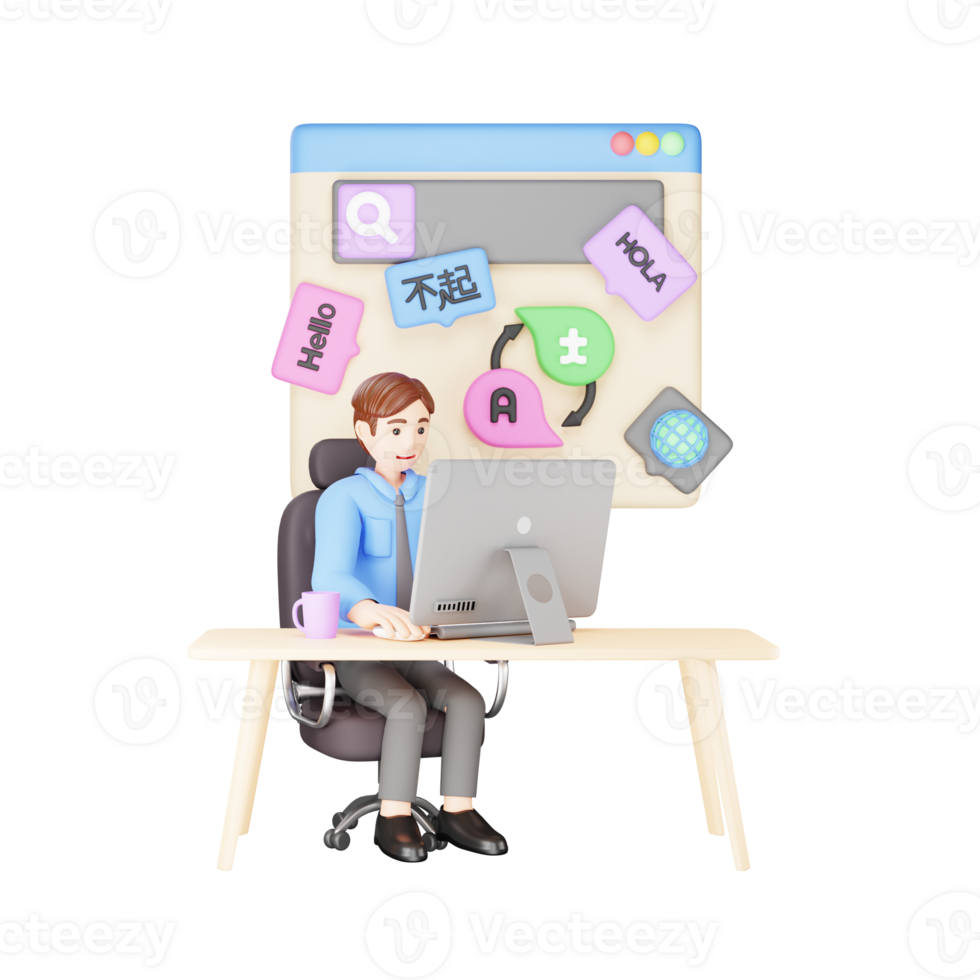 Man Using Digital Language Translator 3d Character Illustration For