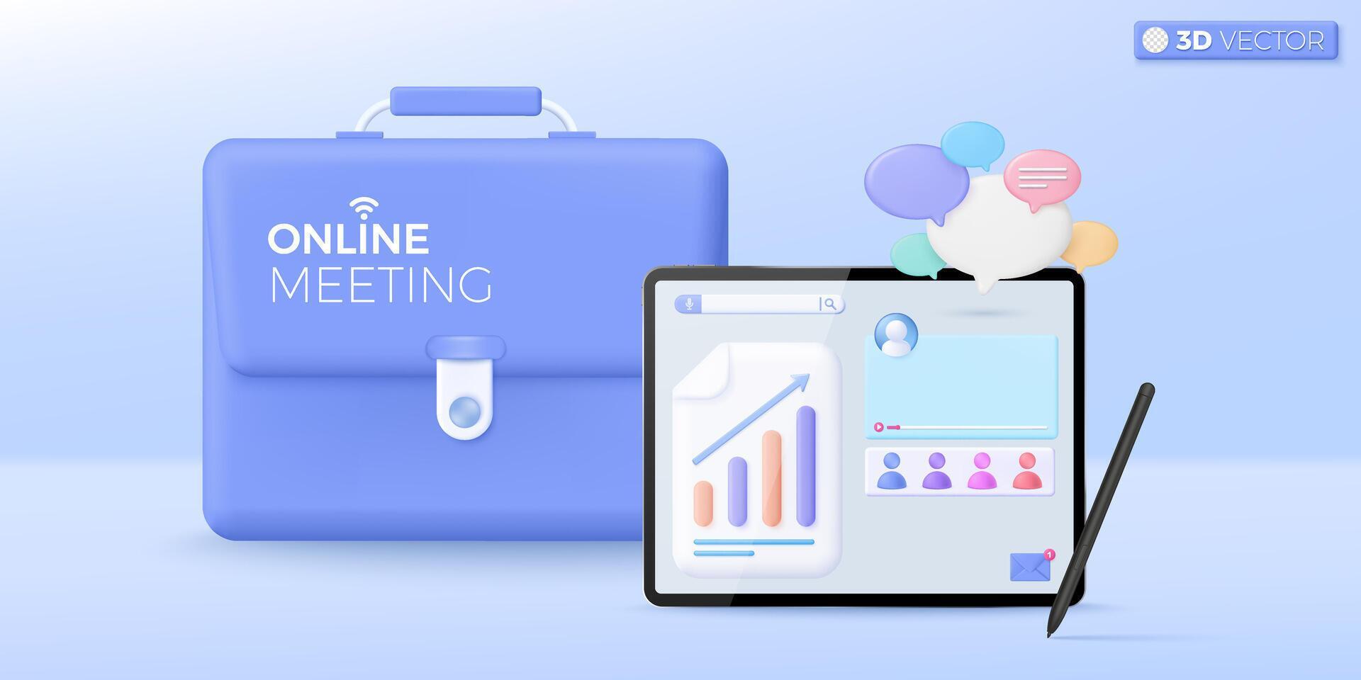 3d online meeting icon symbol. Notebook computer, stacks of book, Graph, reminder, Notification ...