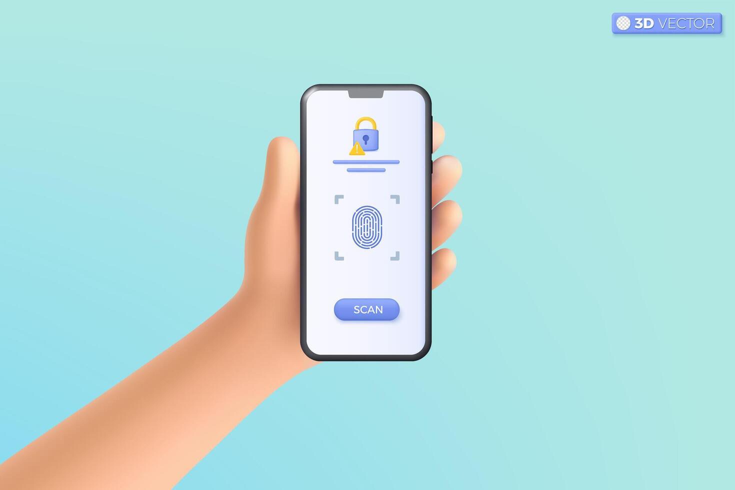 3d Hand Holding Mobile Phone Scan Fingerprint Cyber Secure Icon Symbol