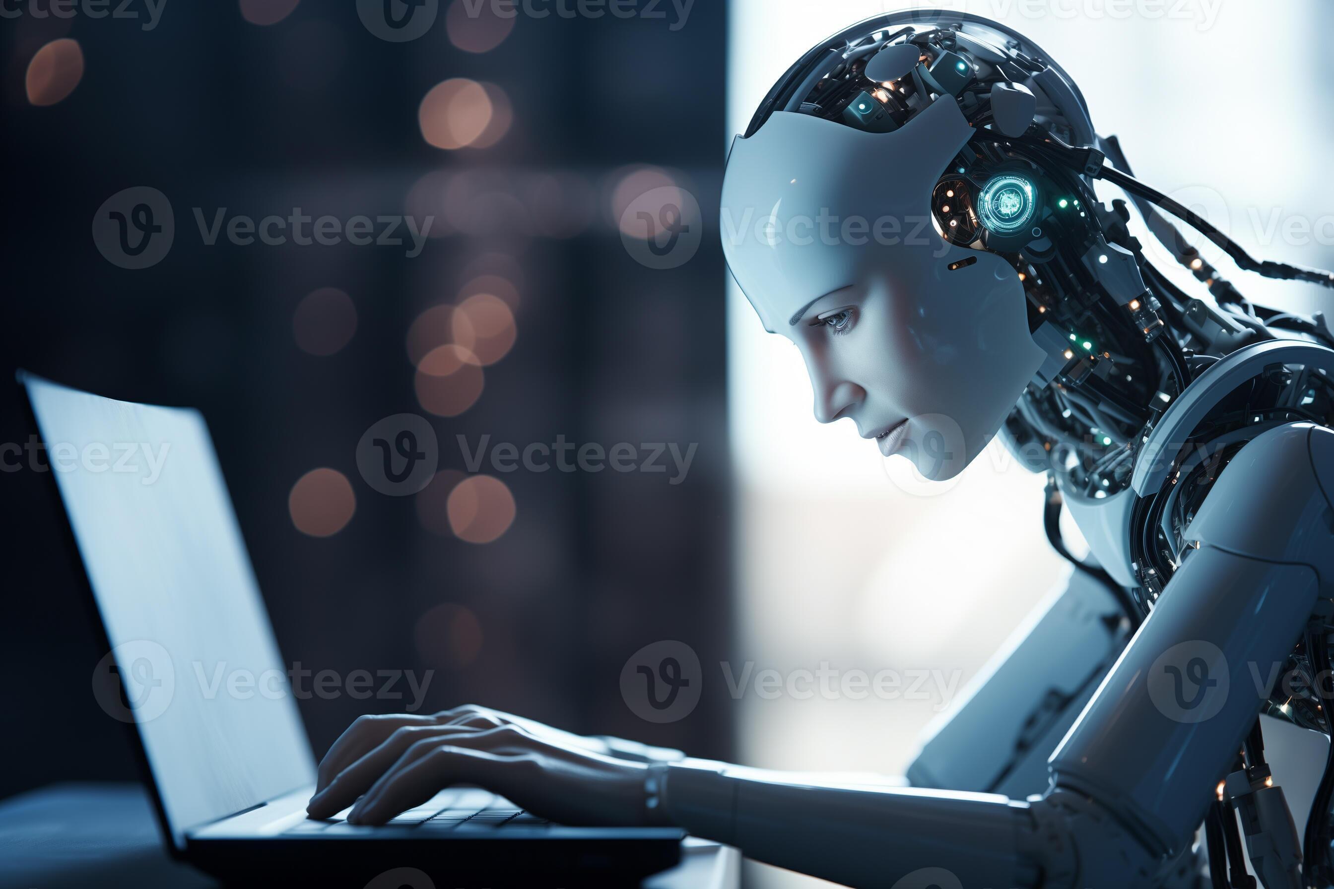 AI generated robot working with laptop bokeh style background with ...