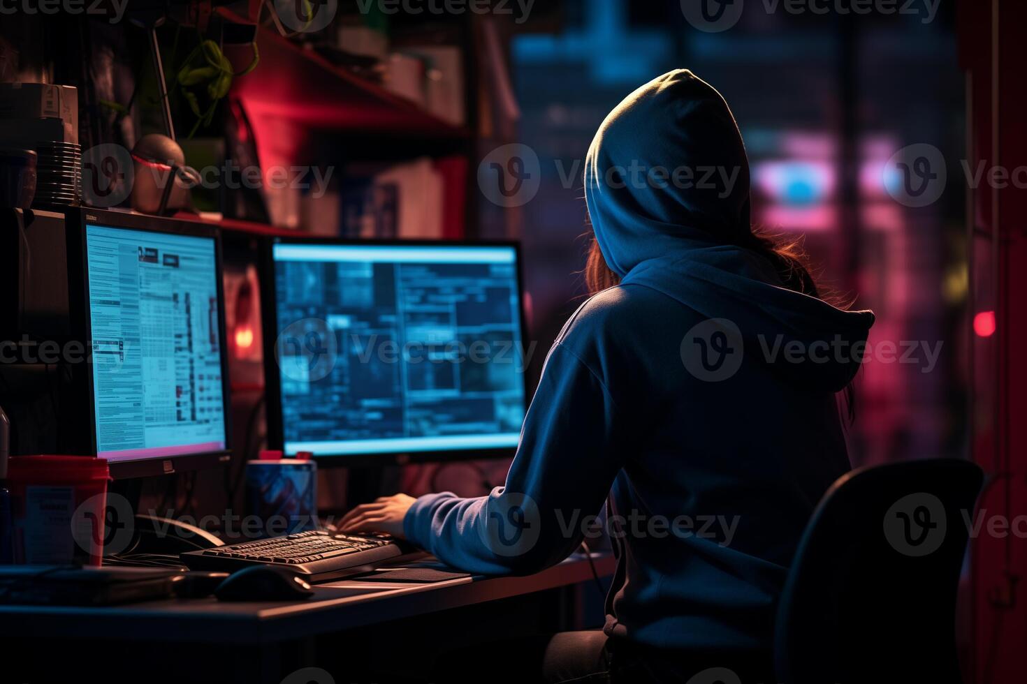 AI generated a female programmer working with laptop in her work room ...