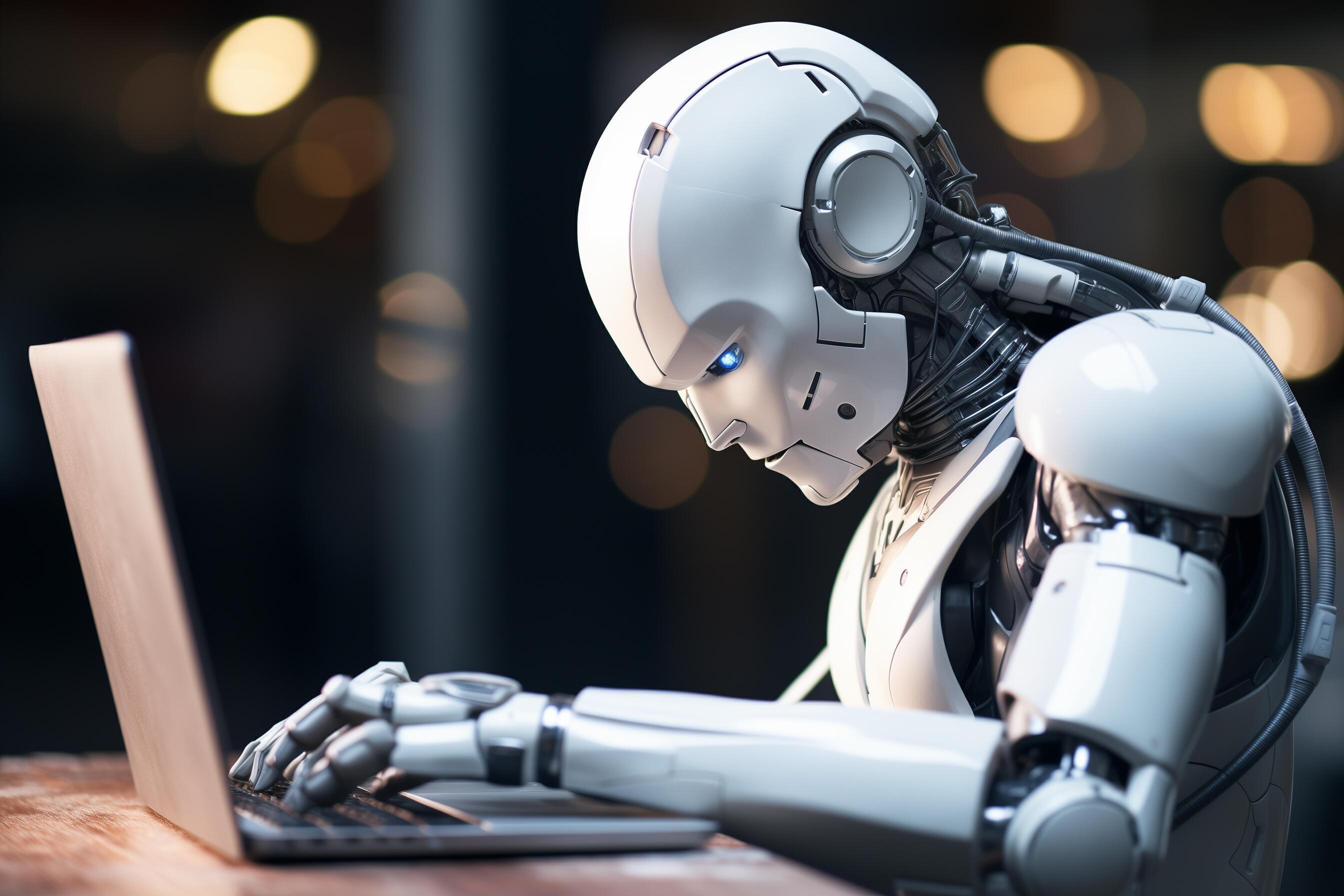 AI generated robot working with laptop bokeh style background with ...
