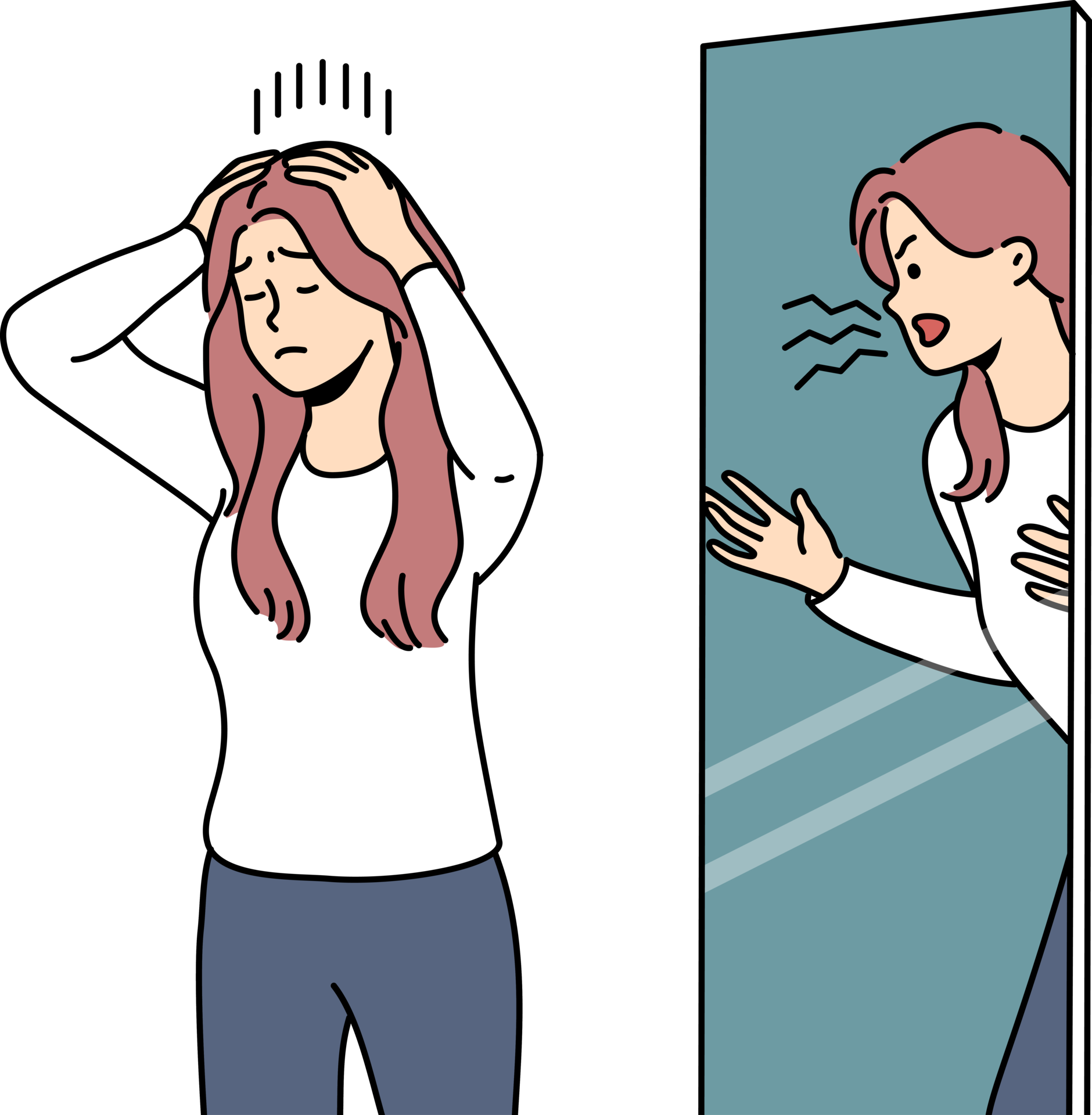 Woman Is Trying To Restrain Aggression Standing Near Mirror With Angry woman-is-trying-to-restrain-aggression-standing-near-mirror-with-angry