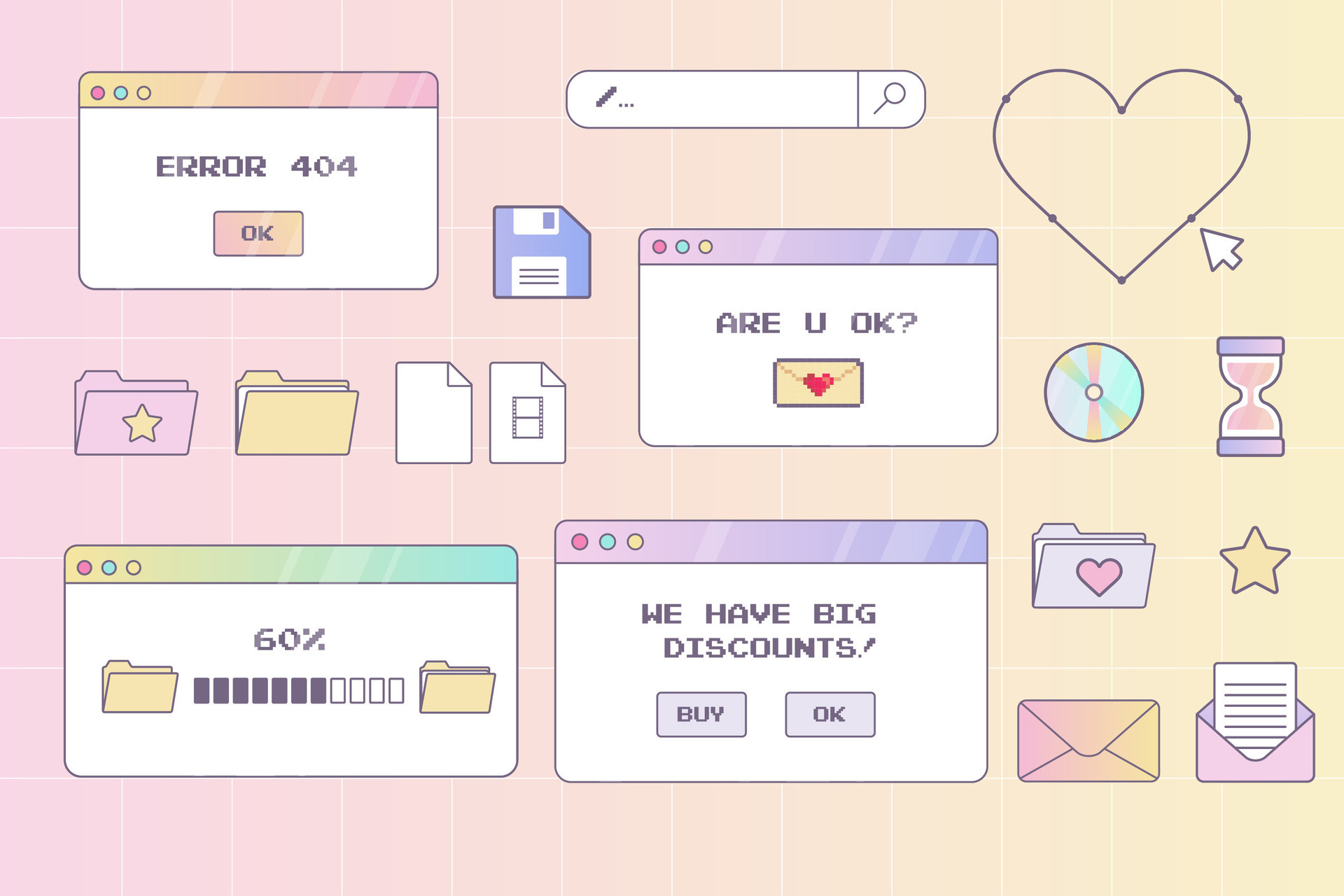 y2k interface, Icon, browser computer window set pastel Retrowave pc ...