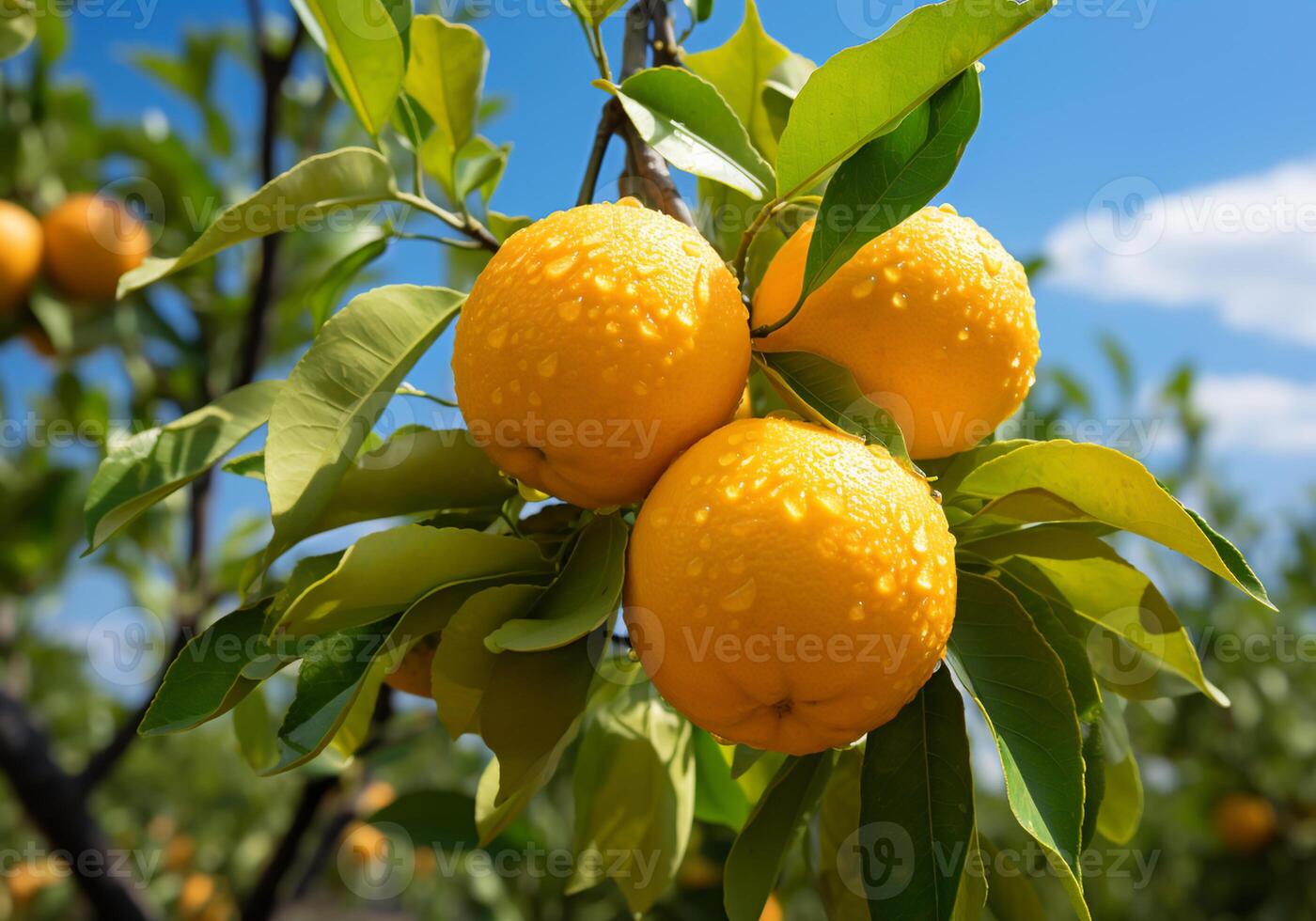 AI generated Ripe and juicy oranges, tangerine and mandarin hanging on tree with blue sky ...