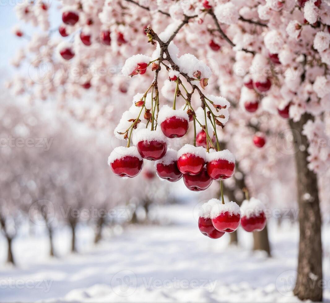 AI generated Ripe Cherry trees in the snow. 37548083 Stock Photo at Vecteezy