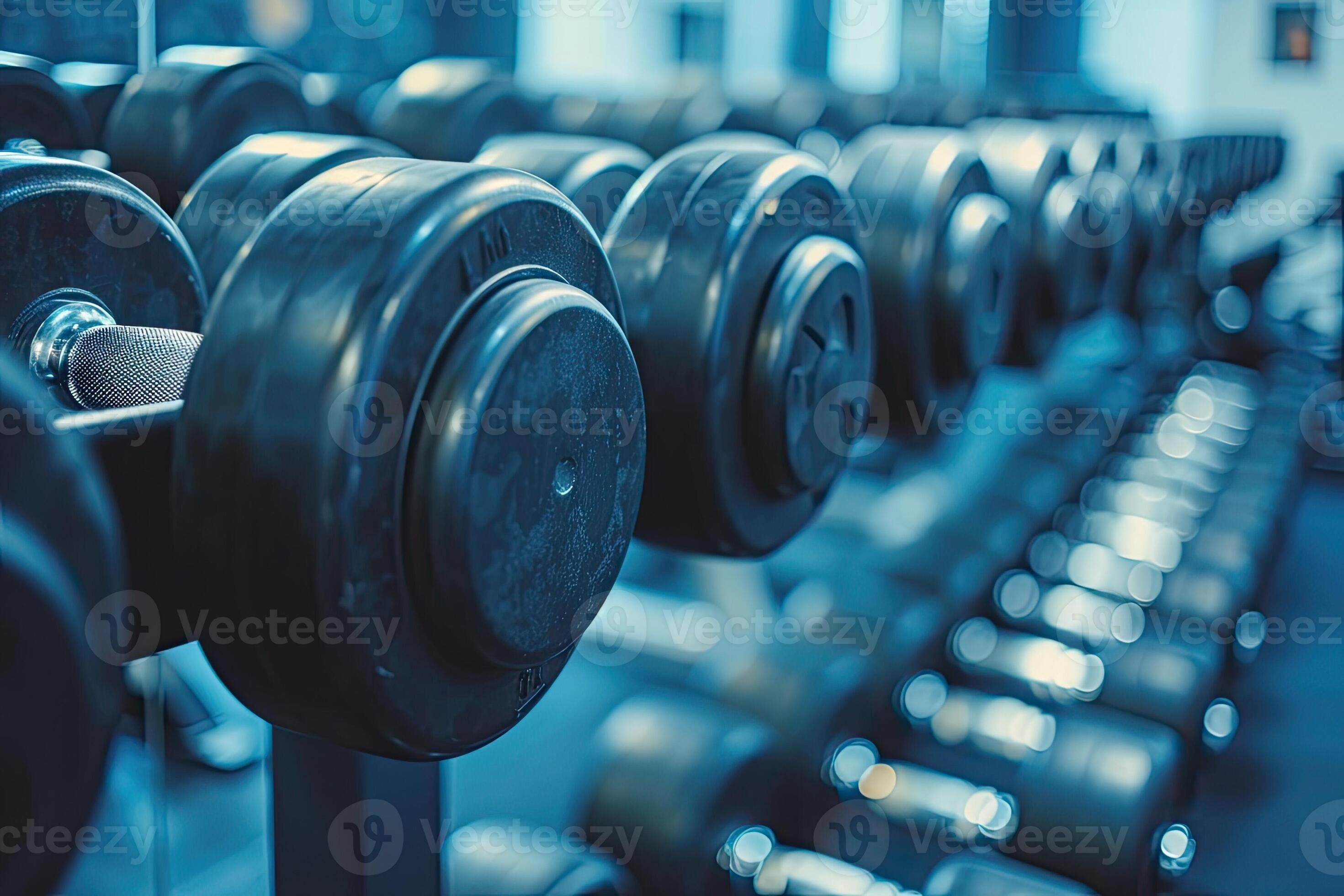 AI generated Gym interior background of dumbbells on rack in fitness ...