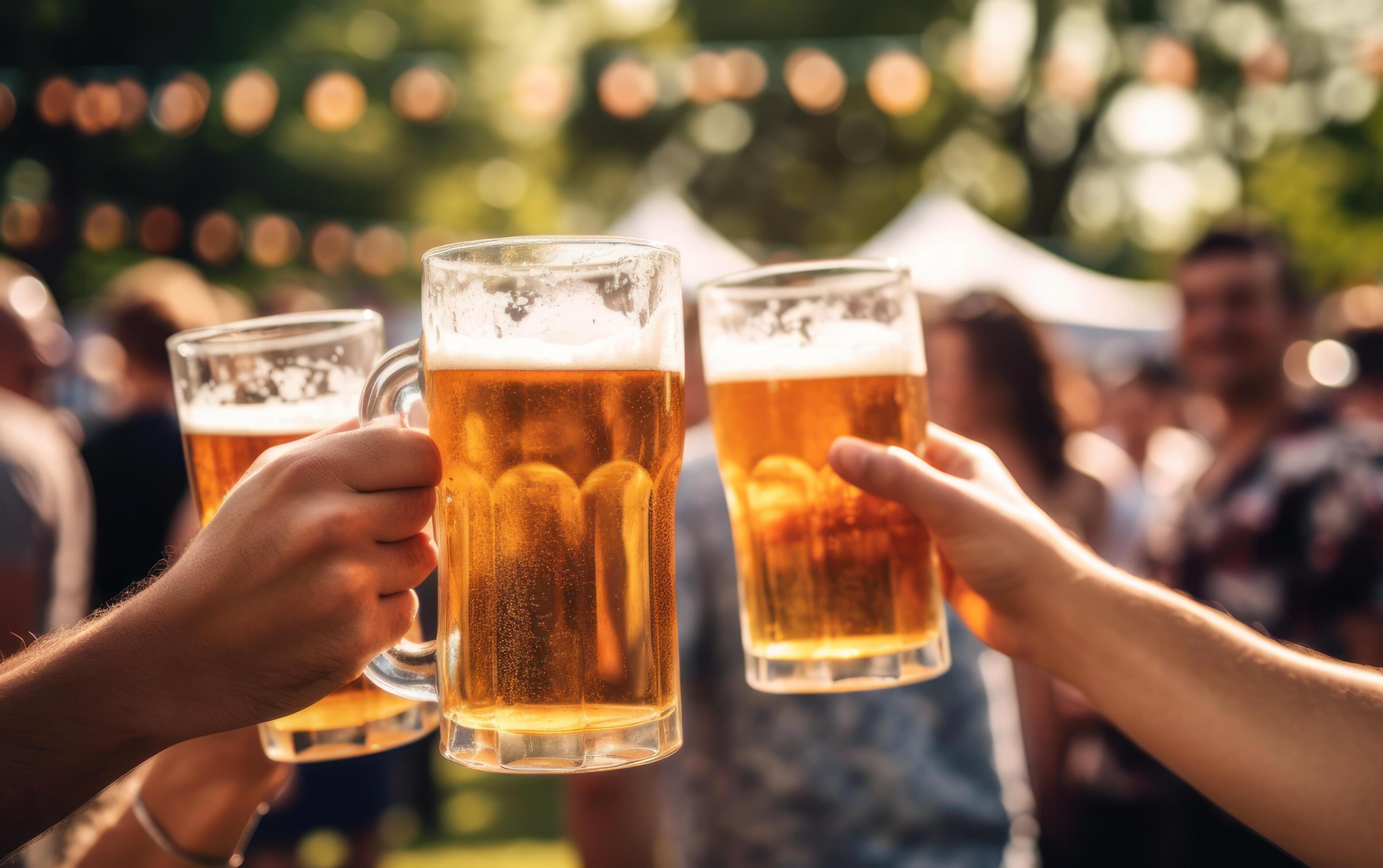 Ai Generated Happy Friends Cheering Beer Glasses At Brewery Pub Garden