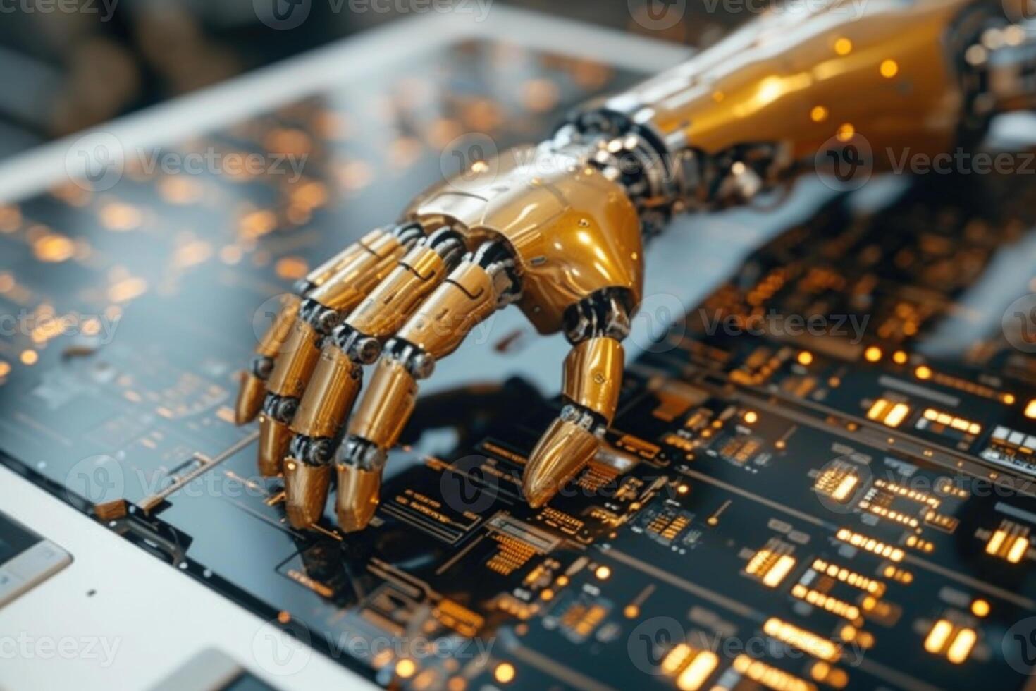 AI generated The robot's hand is resting on an electronic circuit. The concept of Robotization ...