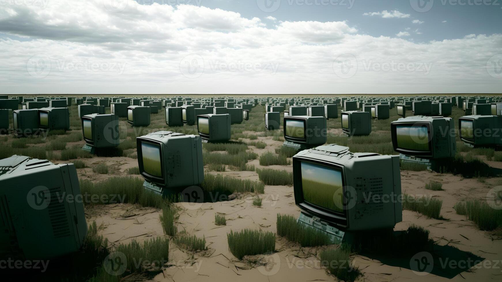 Ai Generated Field Covered With Old Analog Tv Sets At Summer Daylight