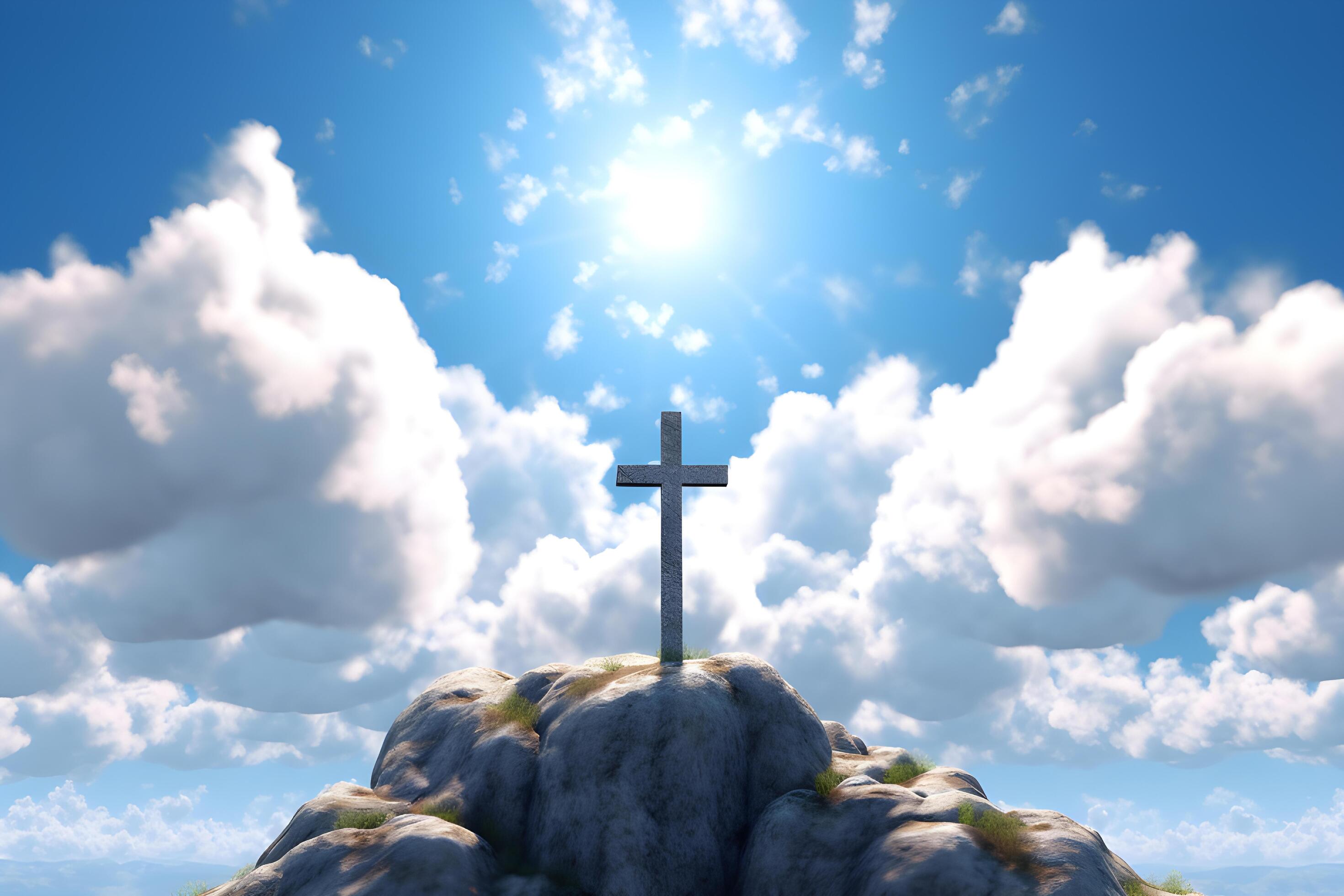 AI generated Christian cross in the sky background. Christian concept. Hope and freedom of God ...