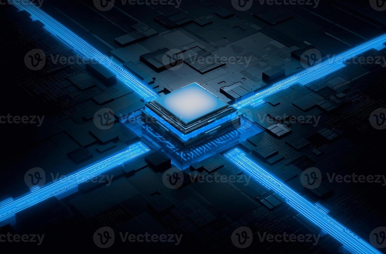 3D rendering of cyberpunk AI. Circuit board. Technology background. Central Computer Processors ...