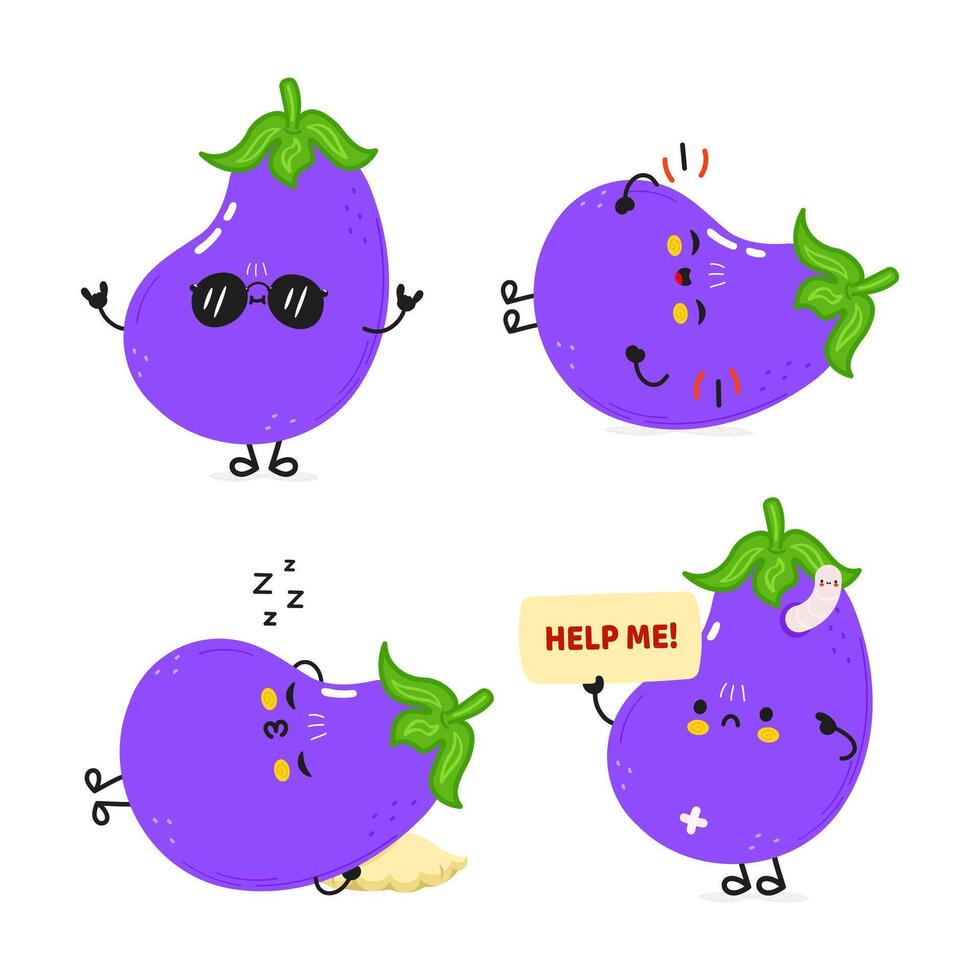 Funny Eggplant Characters Bundle Set Vector Hand Drawn Doodle Style