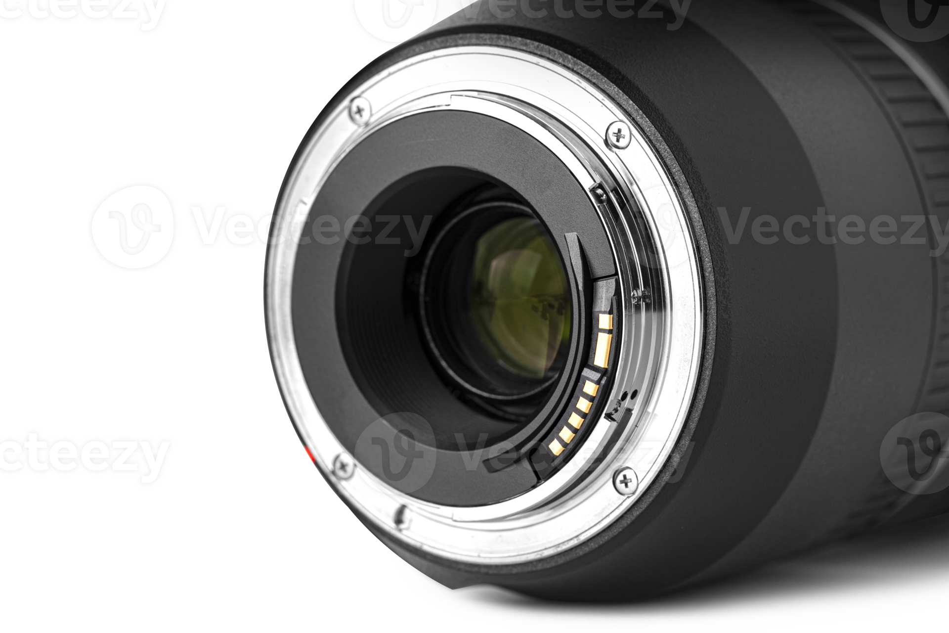 Backside of a dslr camera lens objective for professional photography with camera mount details ...