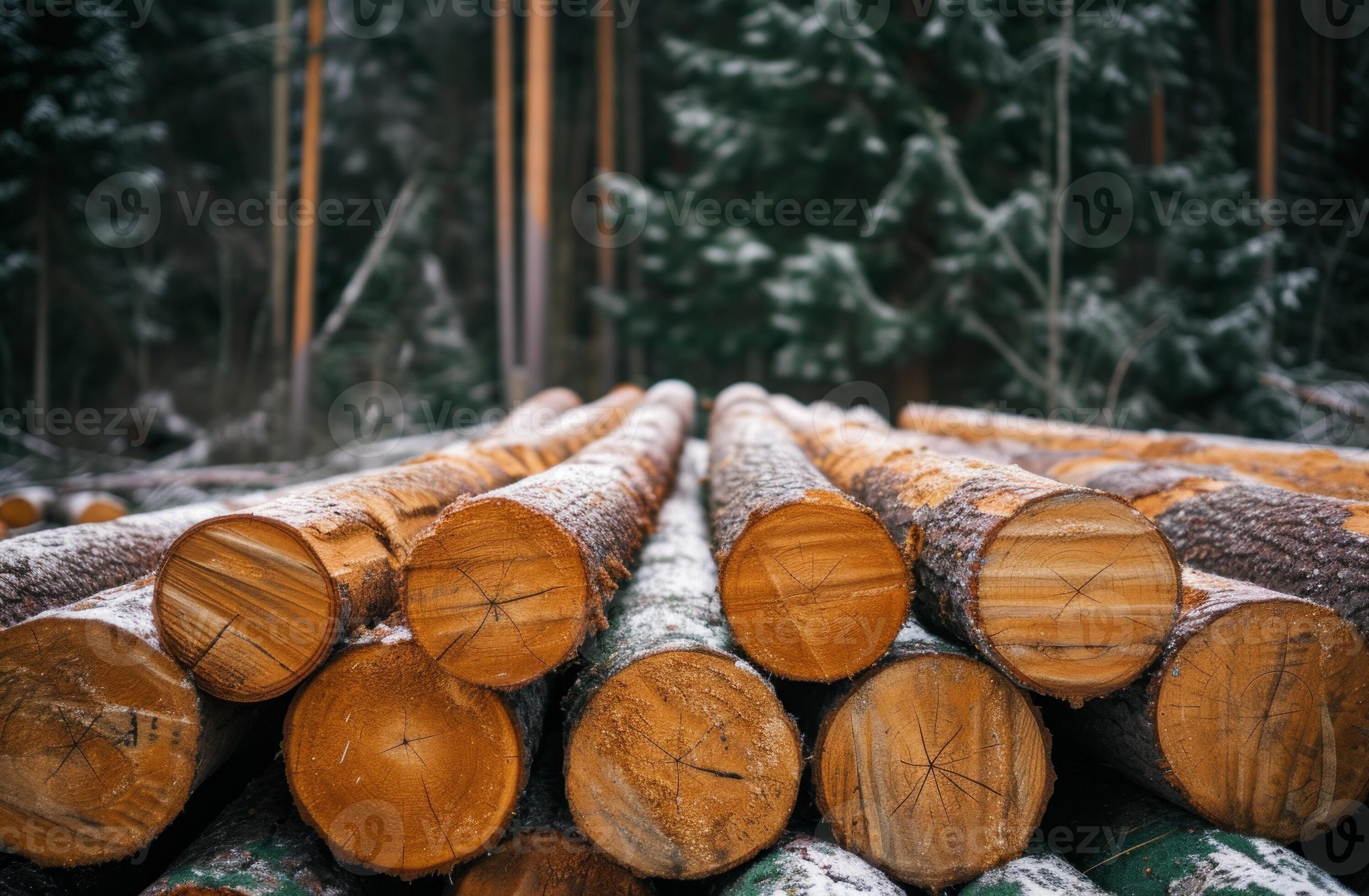 AI generated Logs piled in the forest, deforestation and logging ...