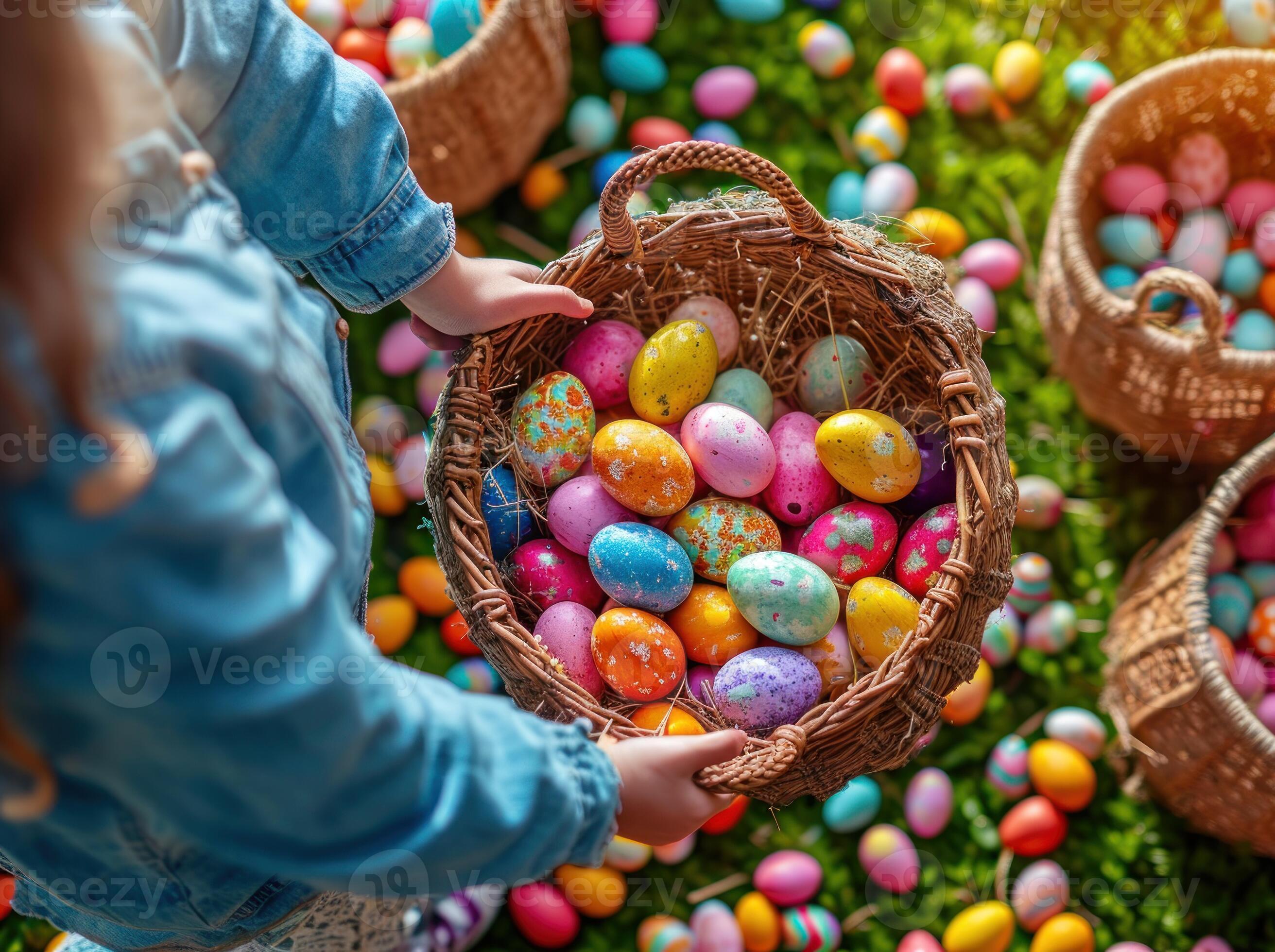 Ai Generated Person Carrying Baskets Of Colorful Eggs During Easter Egg