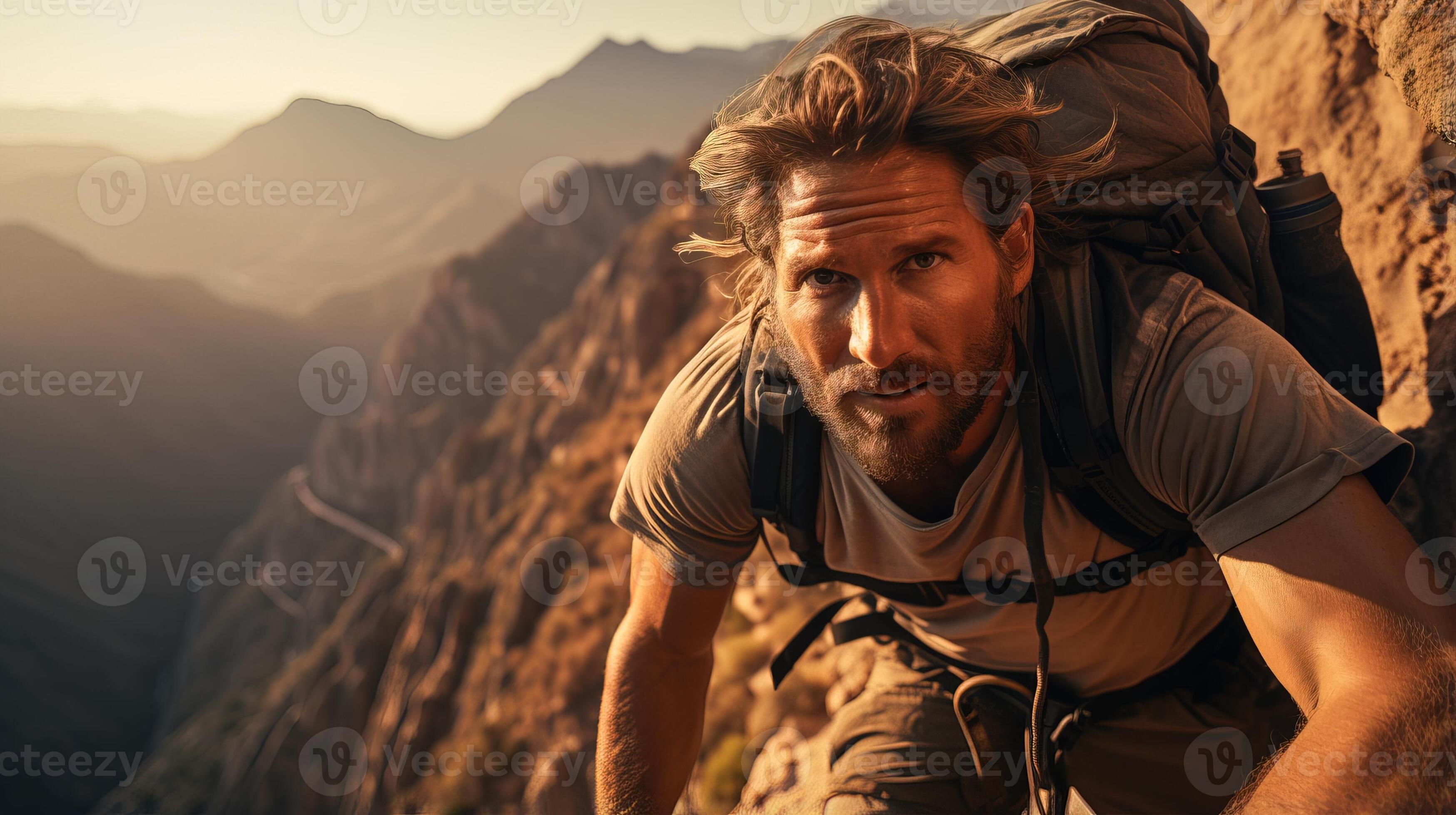 AI generated Adventurous young man climbing the rugged cliffs, embracing the wild spirit ...